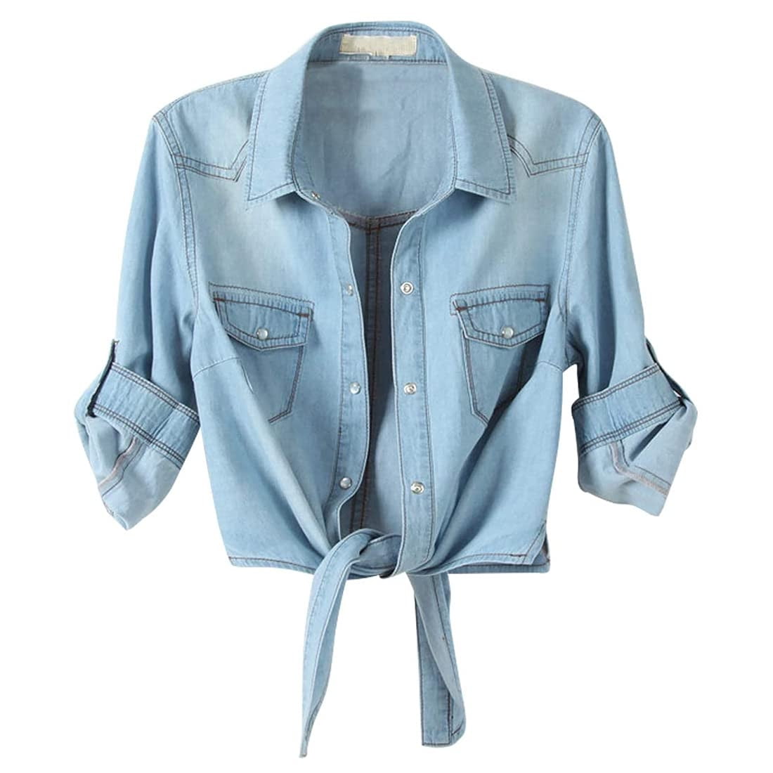 ABATAB Women's 3/4 Sleeve Front Tie Denim Jackets Trendy Cropped Button ...