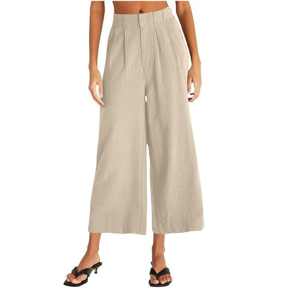 ABATAB Women's Capri Cotton Linen Pants Elastic Waisted Baggy Palazzo Trousers Vacation Cropped ...