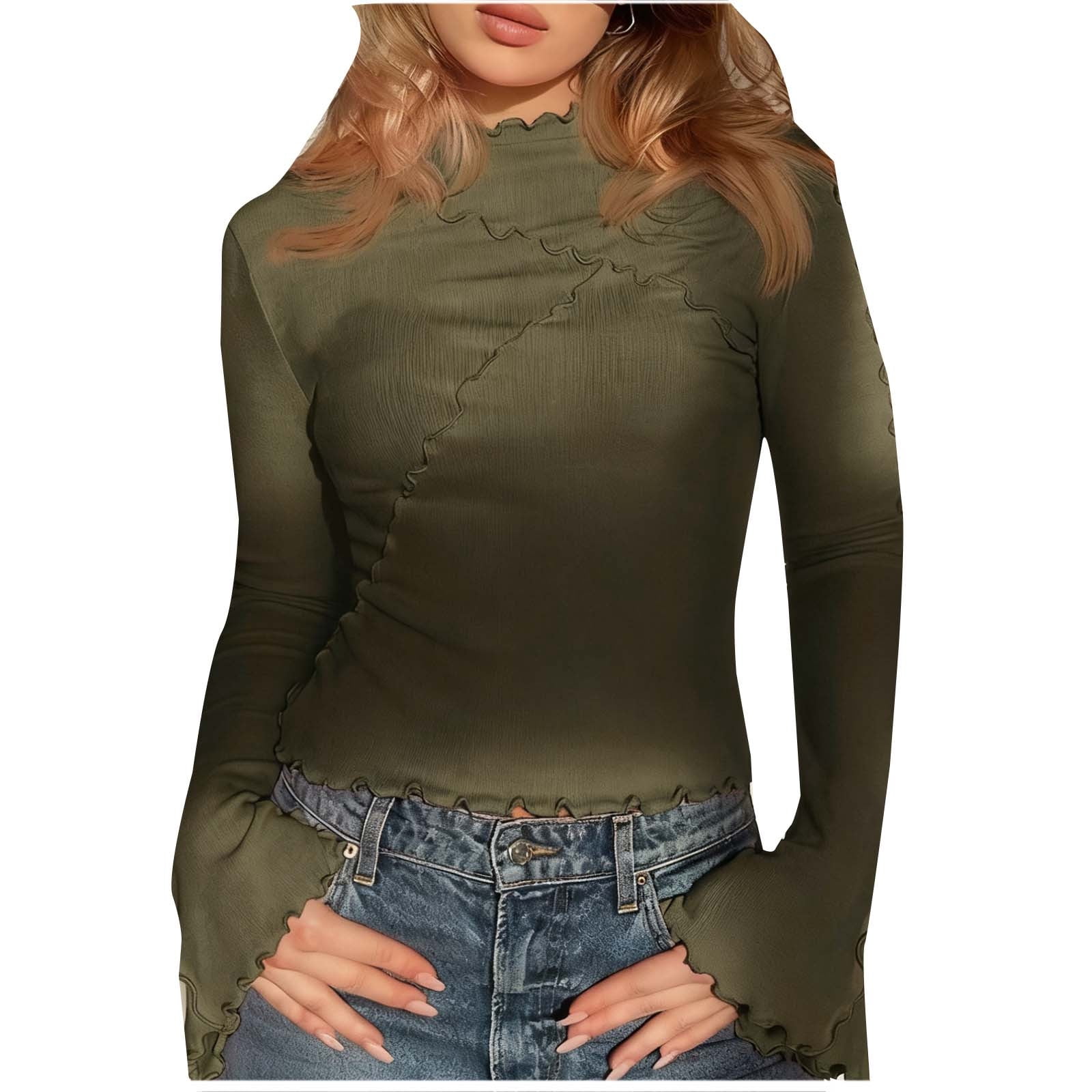 ABATAB Women's Long Bell Sleeve Shirts Mock Neck Lettuce Blouse Slim ...