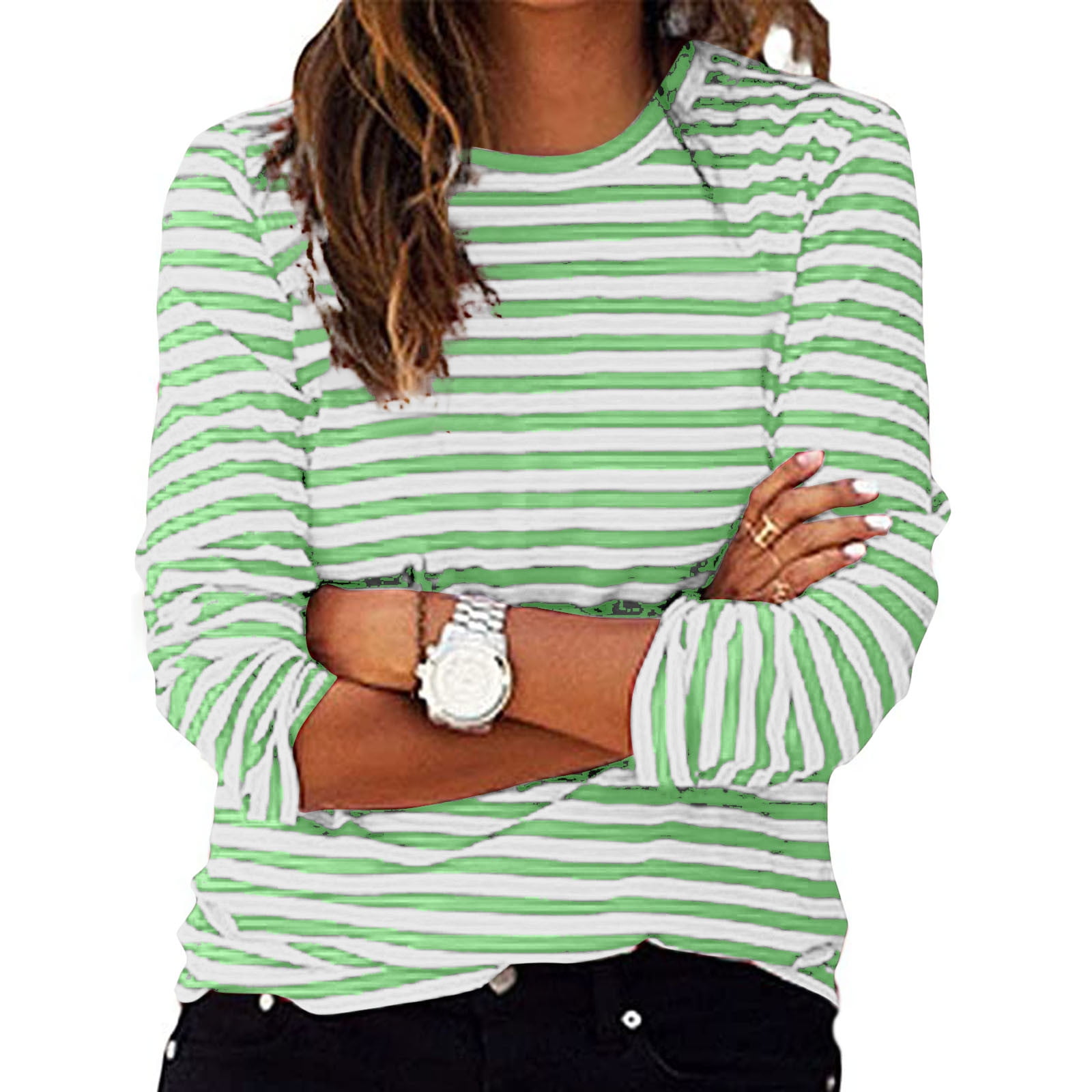 ABATAB Women's Long Sleeve Fall Shirts Casual Striped Crew Neck Loose ...