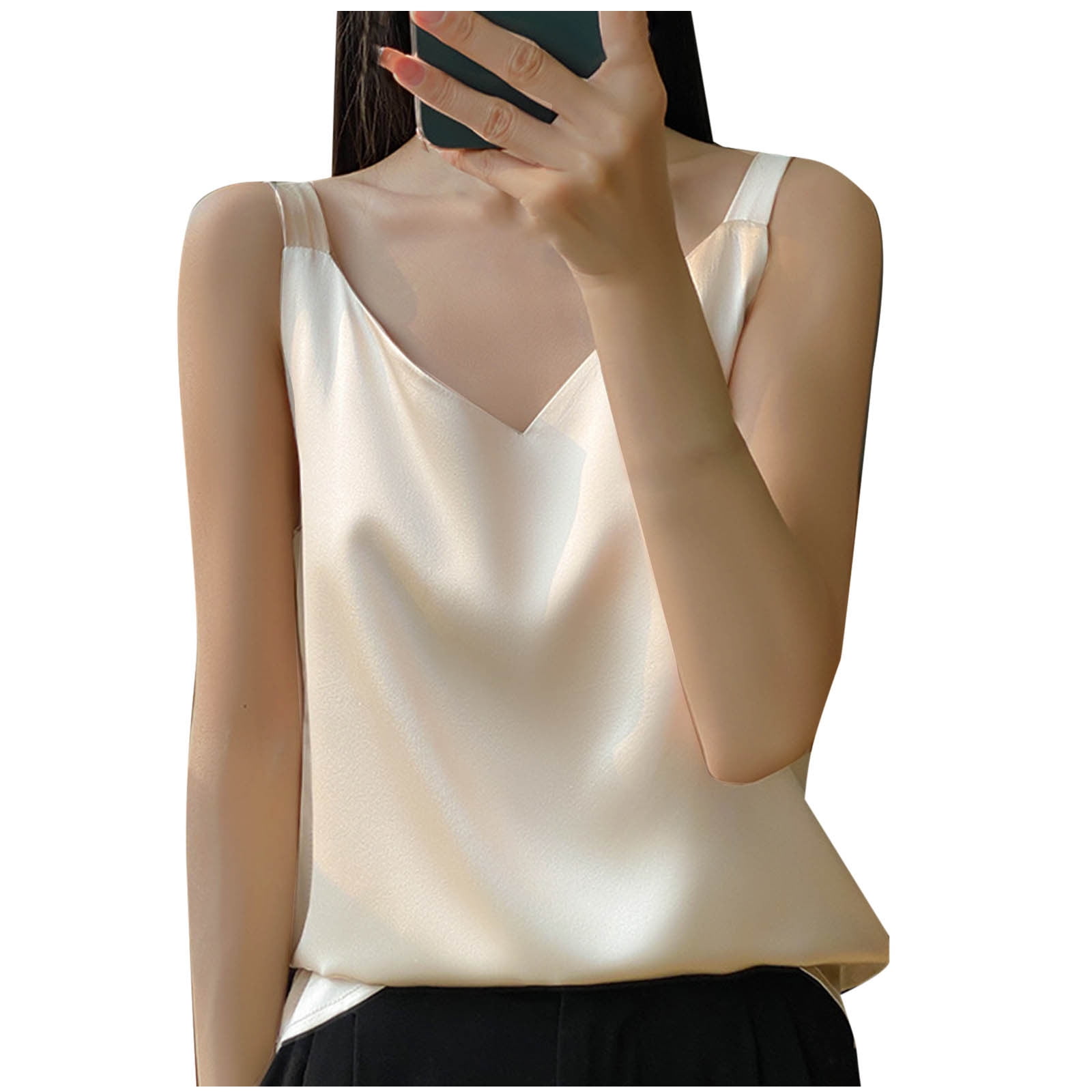 ABATAB Women's Silk Satin Tank Tops V Neck Sleeveless Soft Camisole Summer Basic Cami Shirt ...
