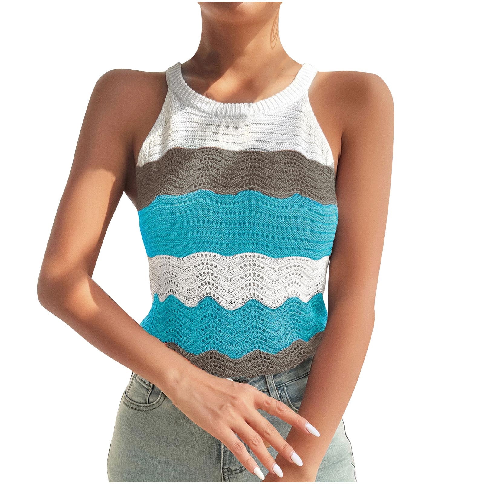 ABATAB Women's Sleeveless Tops Summer Color Block Lightweight Crochet ...