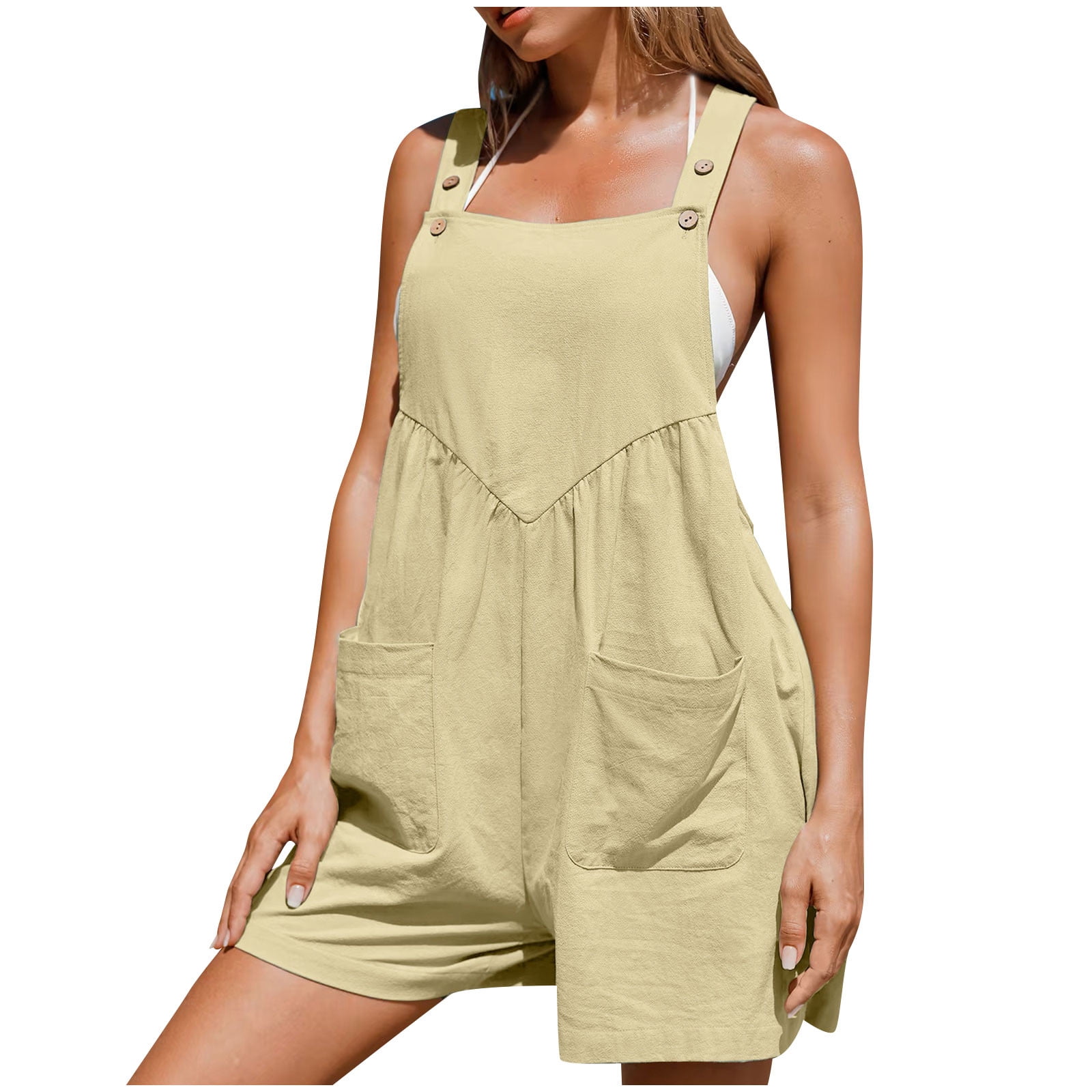ABATAB Women's Summer Casual Jumpsuit Plain Square Neck Button Tank Top ...