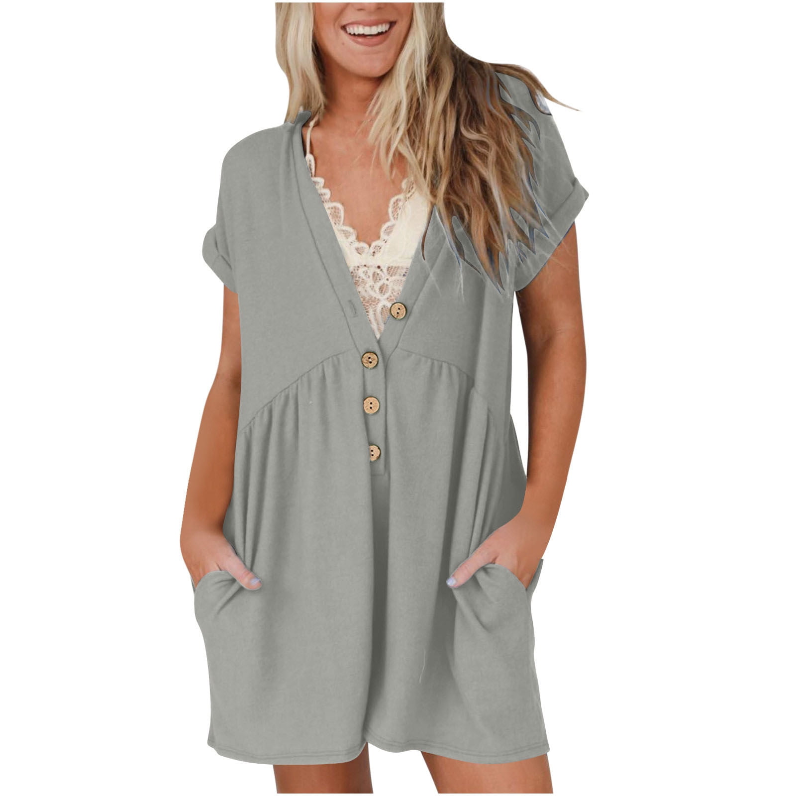 ABATAB Women's Summer Casual Jumpsuit Plain V Neck Button Sleeveless ...