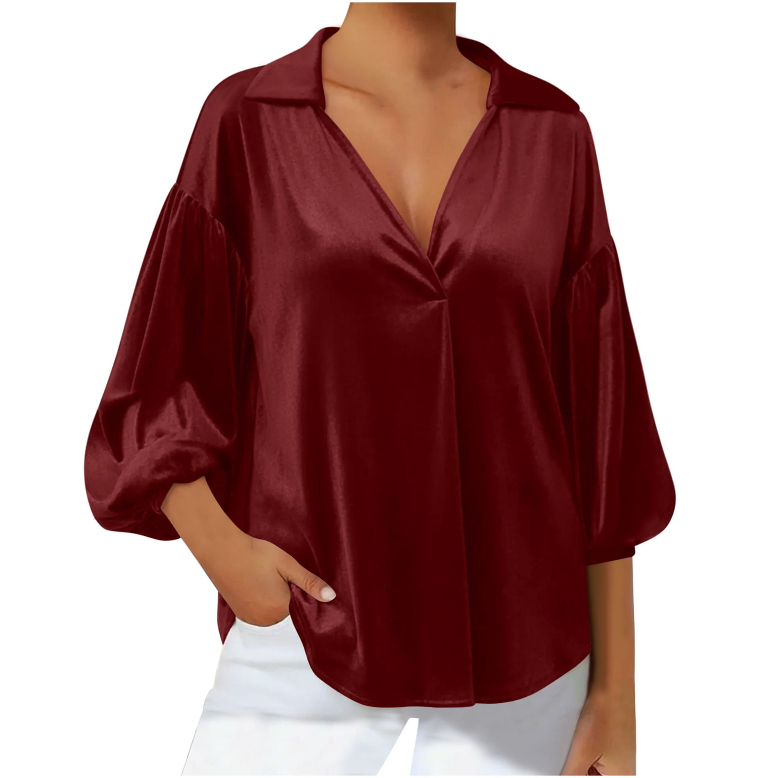 ABATAB Women's Tops V Neck 3/4 Lantern Sleeve Tee Soft Comfortable T ...