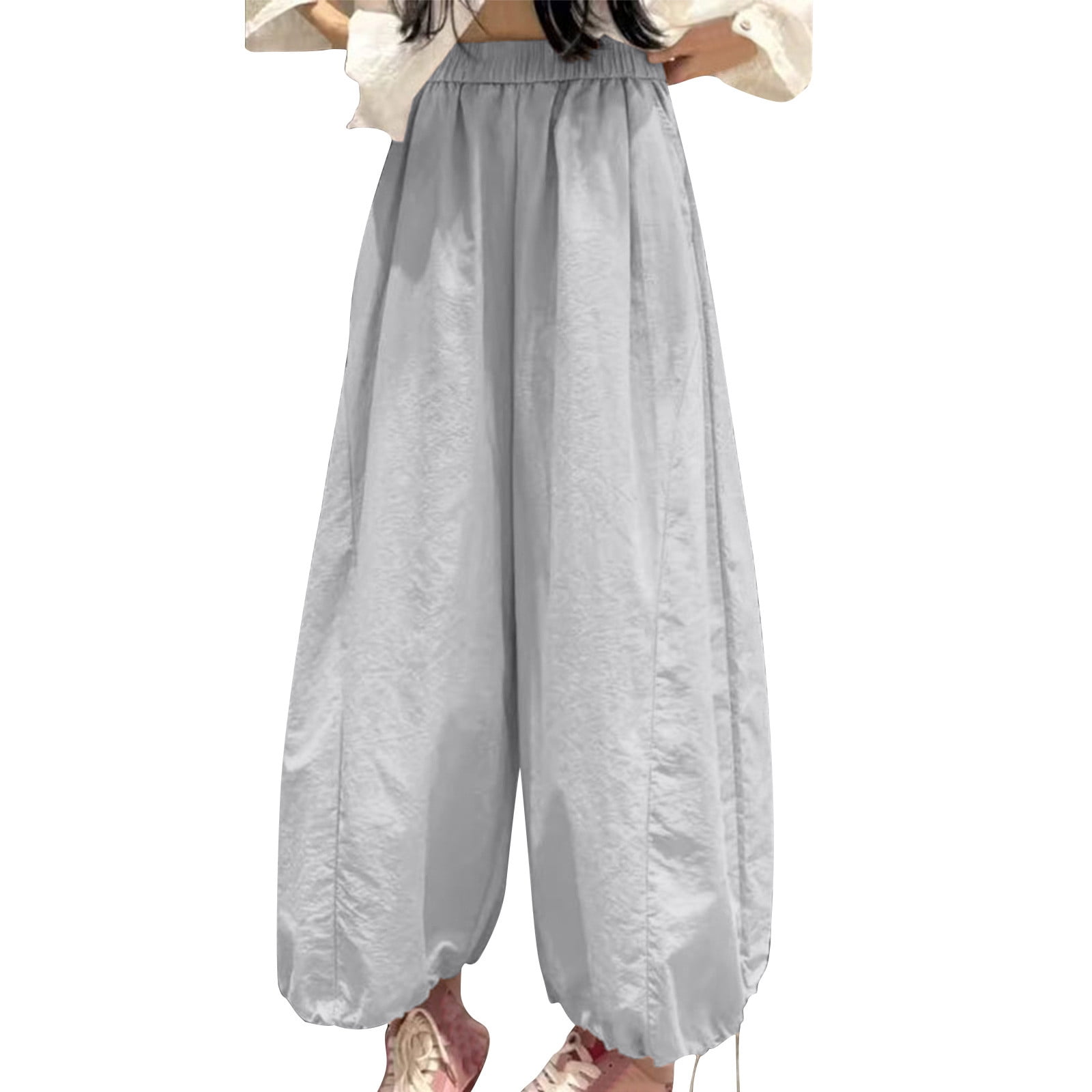 ABATAB Women's Wide Leg Pants Baggy Loose Fit Ruched Pants Elastic ...