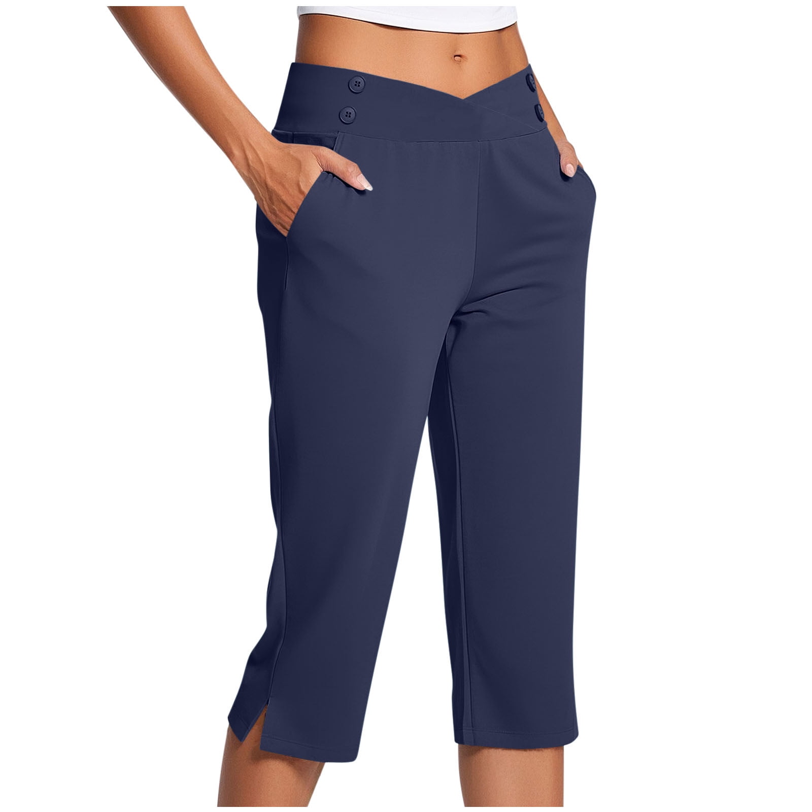 ABATAB Women's Yoga Pants Crossover Button Casual Gym Capri Pants Loose ...