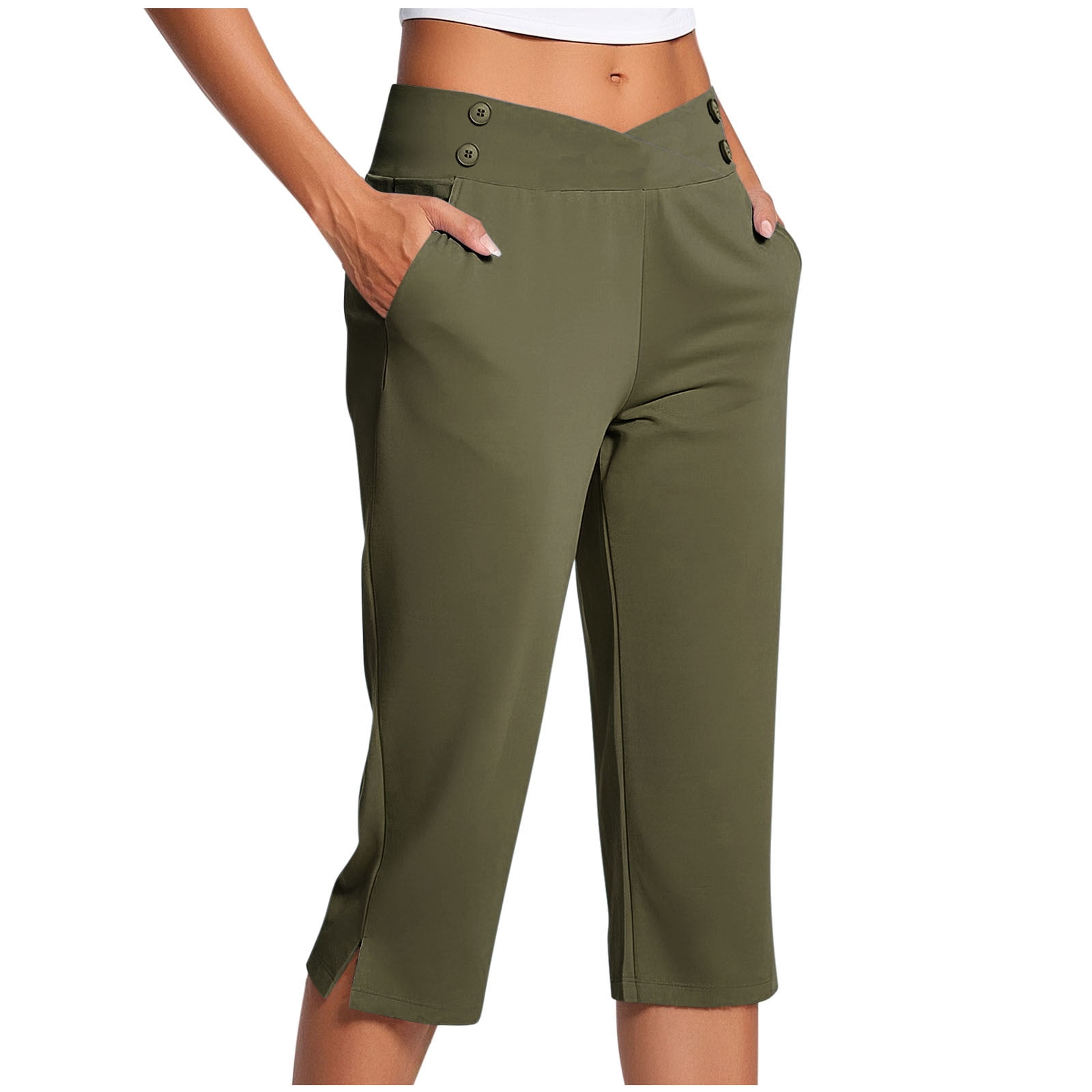 ABATAB Women's Yoga Pants Crossover Button Casual Gym Capri Pants Loose ...