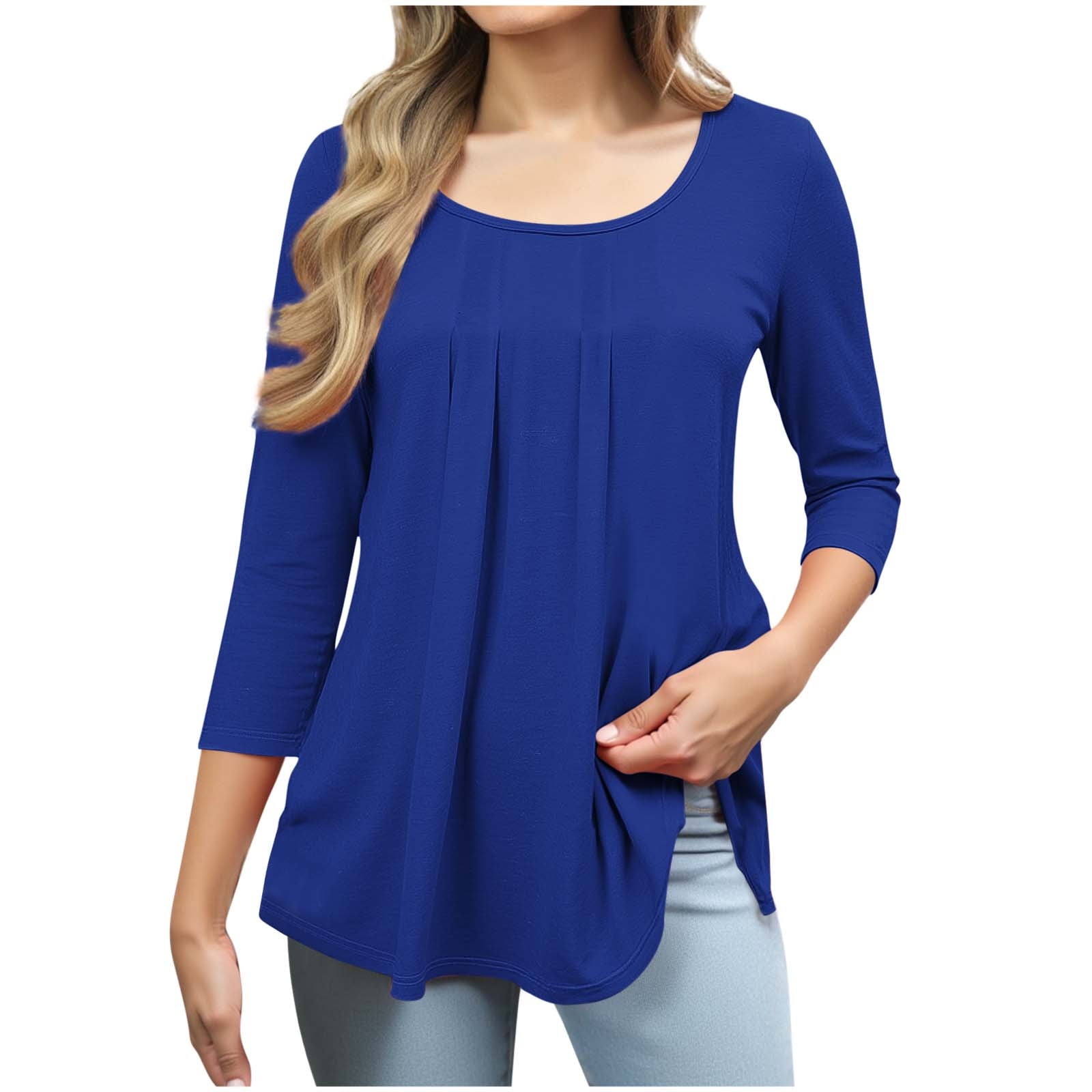 ABATAB Womens 3/4 Sleeve Tunic Tops Fashion Crew Neck Front Pleated ...