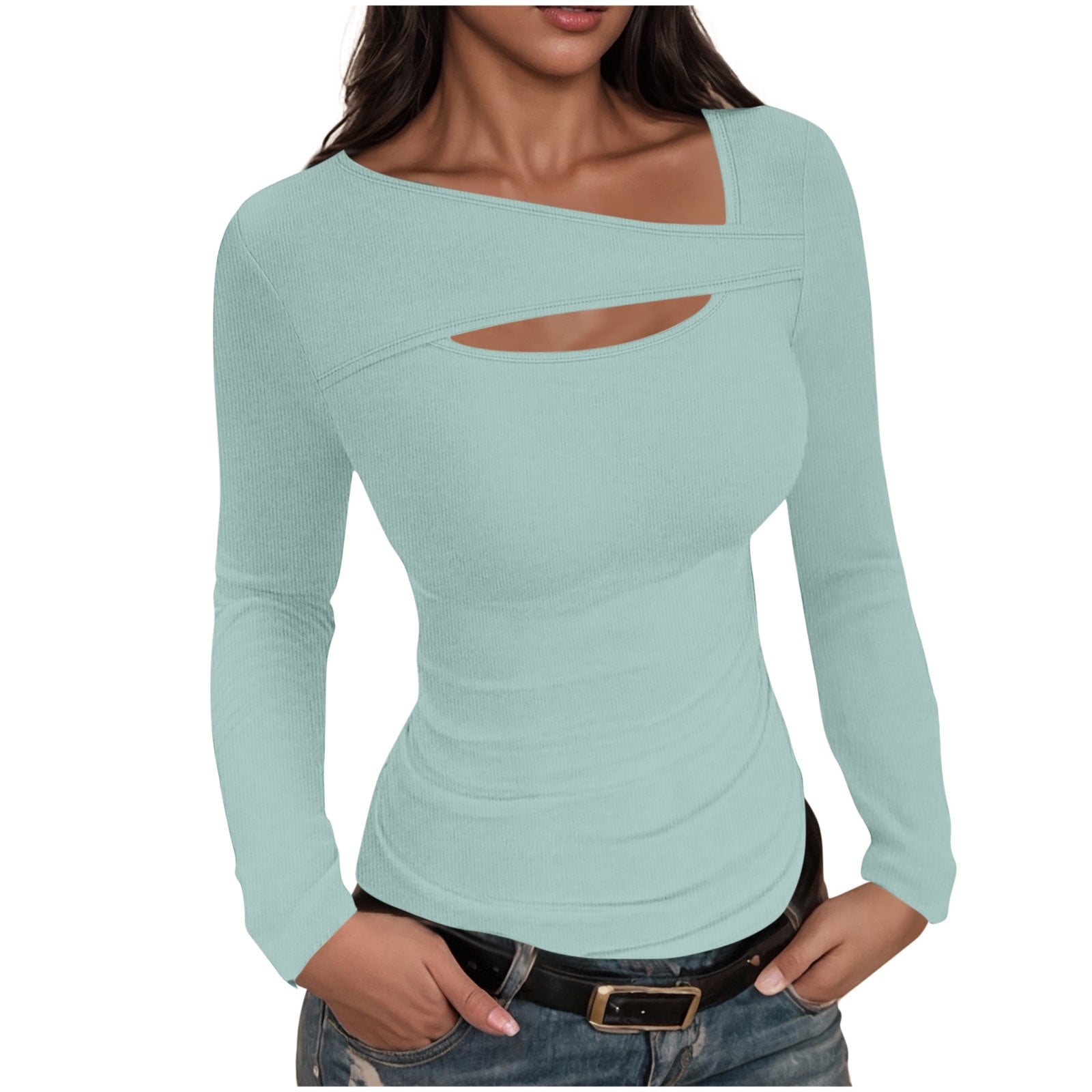 ABATAB Womens Cutout Tops Trendy Slim Fit Long Sleeve Shirts Ribbed ...