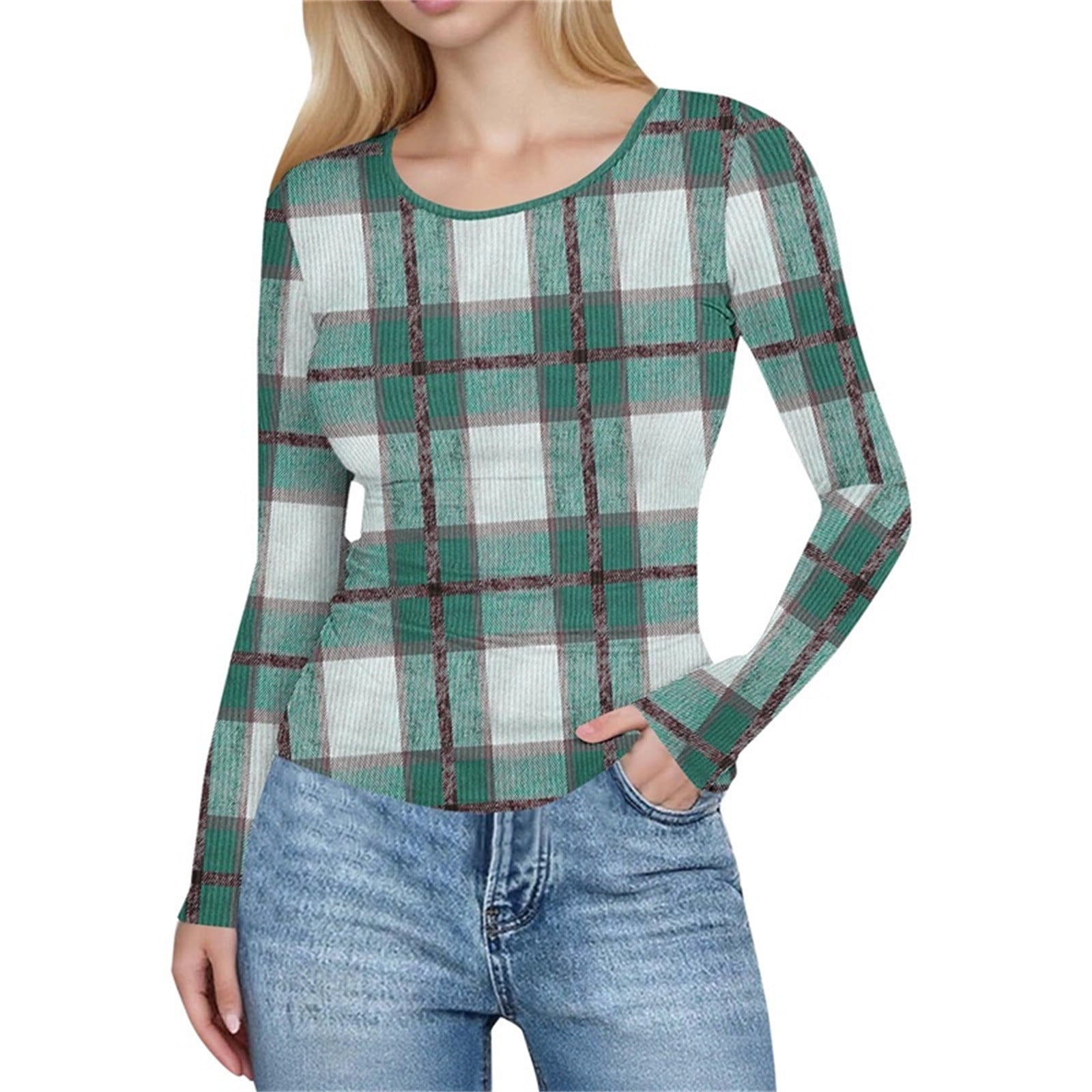 ABATAB Womens Long Sleeve Shirts Crew Neck Ribbed Stretch Tees Slim Fit ...