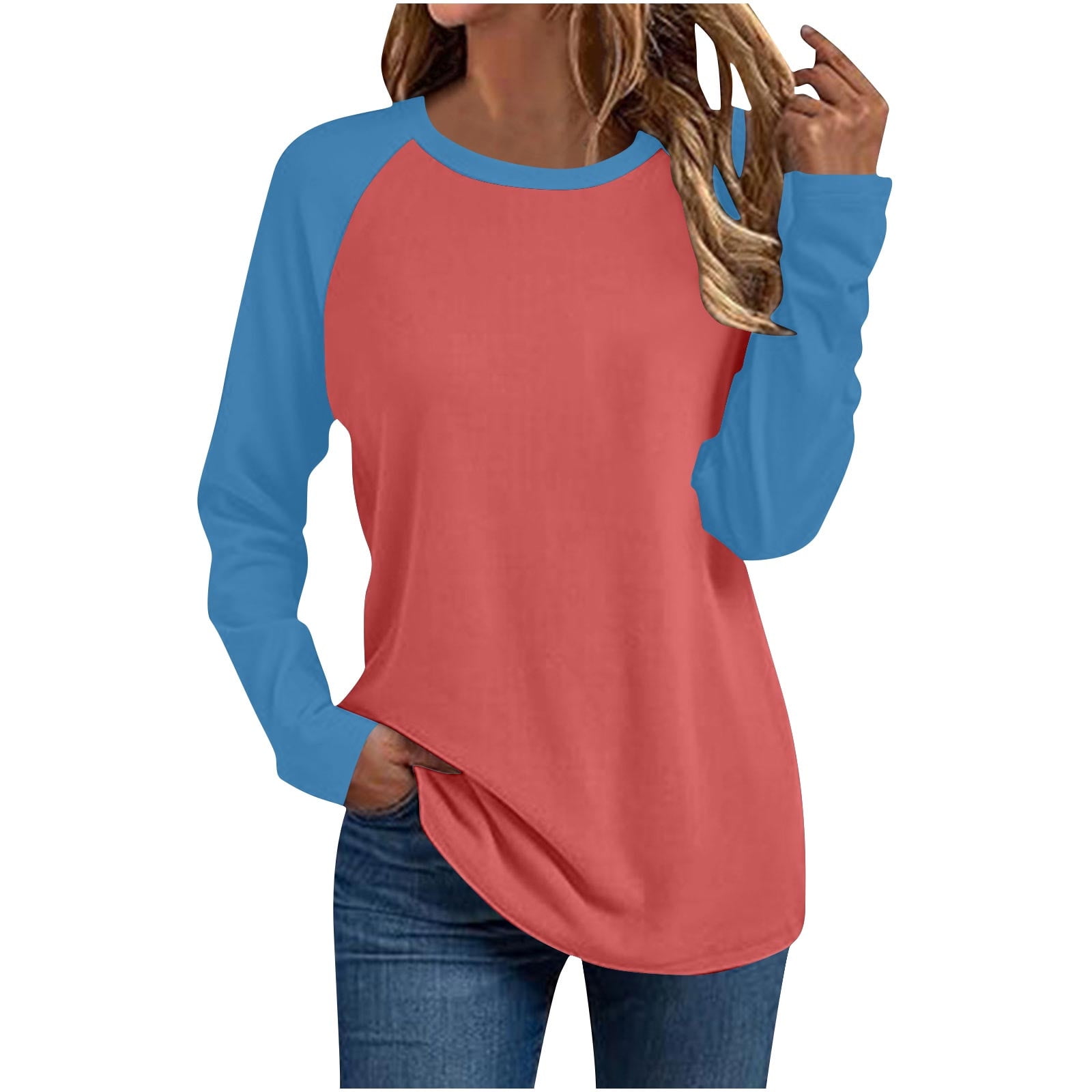 ABATAB Womens Long Sleeve Shirts Crewneck Color Block Pullover Tops ...
