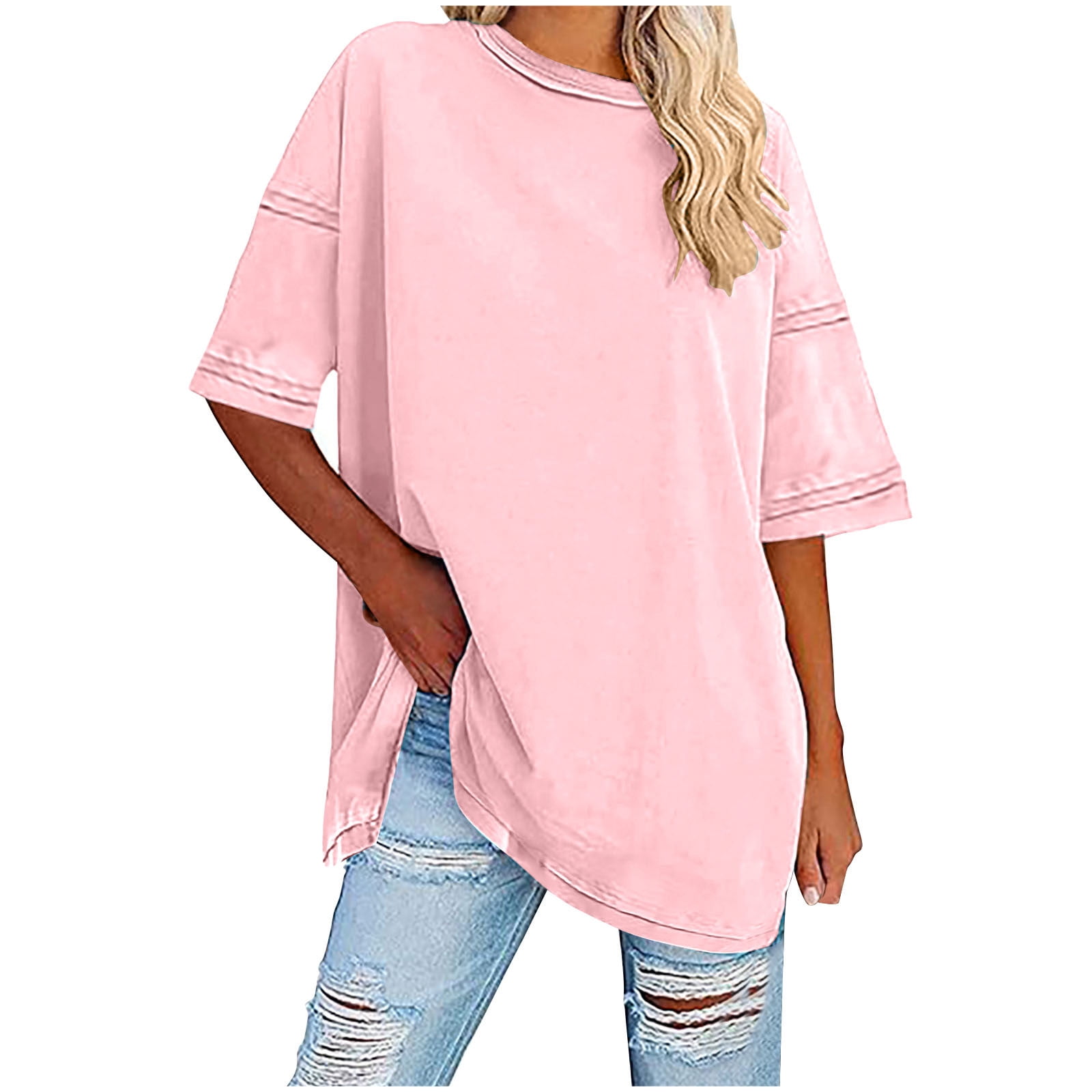 ABATAB Womens Oversized T Shirts Summer Casual Ribbed Short Sleeve Side ...