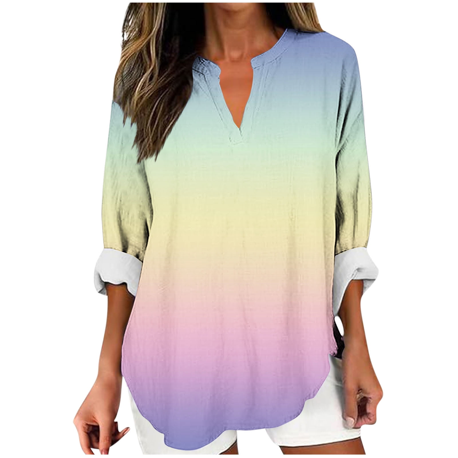 ABATAB Womens Plus Size T-Shirts Loose Fit Fashion Gradient Color Tops ...