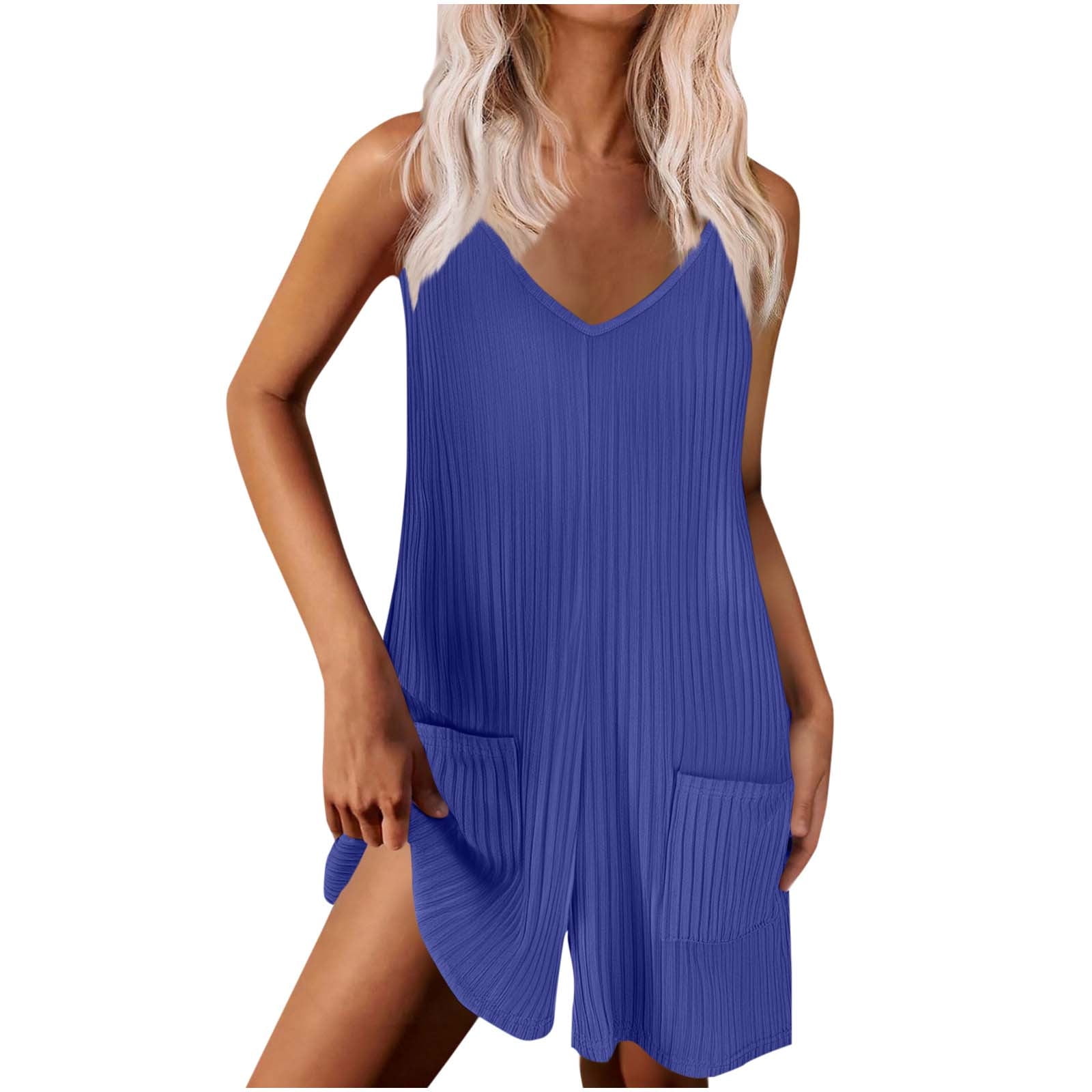 ABATAB Womens Romper Ribbed Sleeveless V Neck Spaghetti Strap Jumpsuit ...