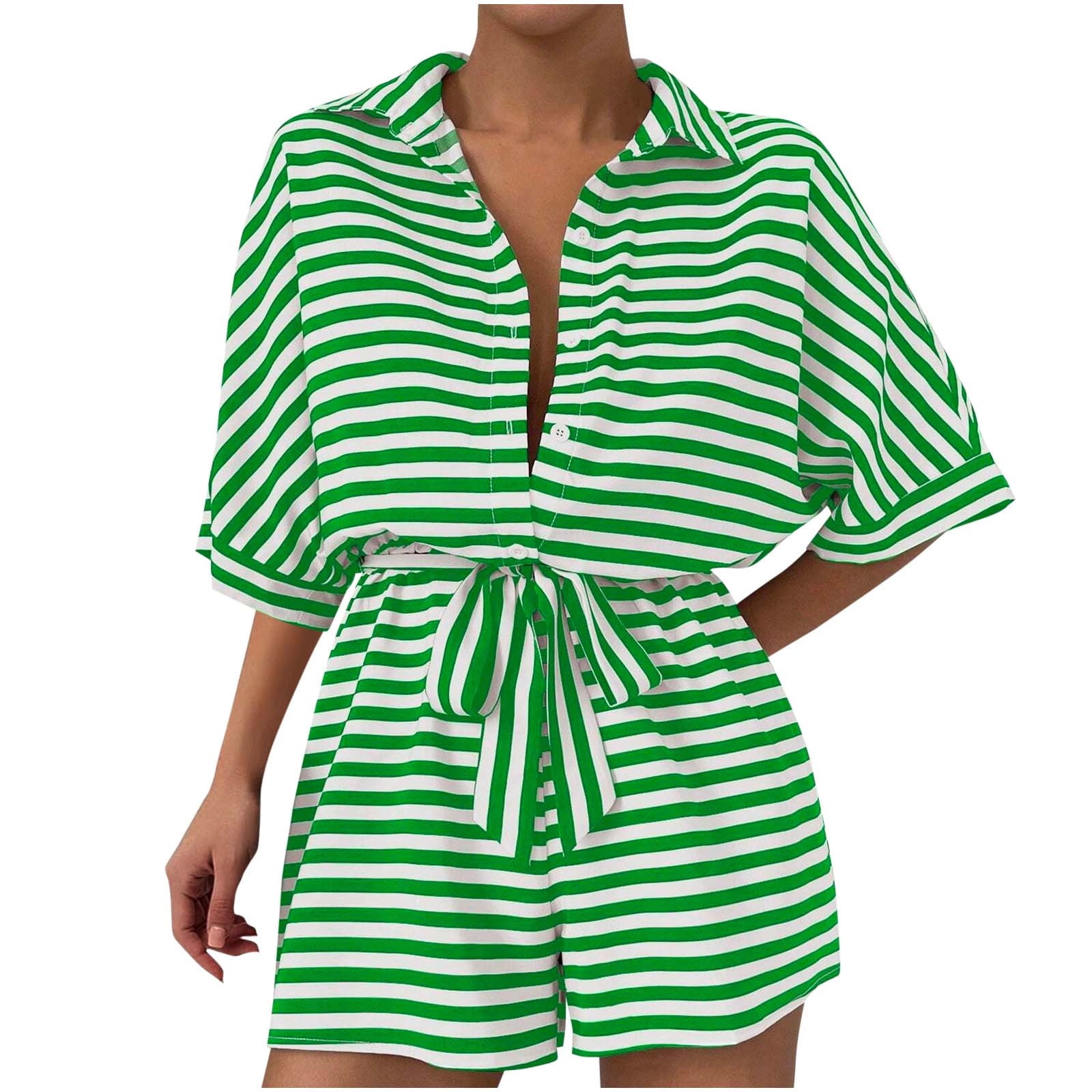 ABATAB Womens Rompers for Summer Striped Button Front Tops Half Sleeve ...