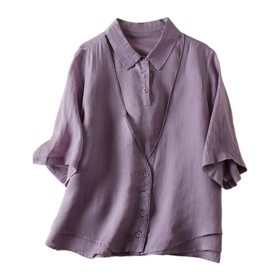 ABATAB Womens Short Sleeve Shirts Casual V Neck Lapel Collar Button ...