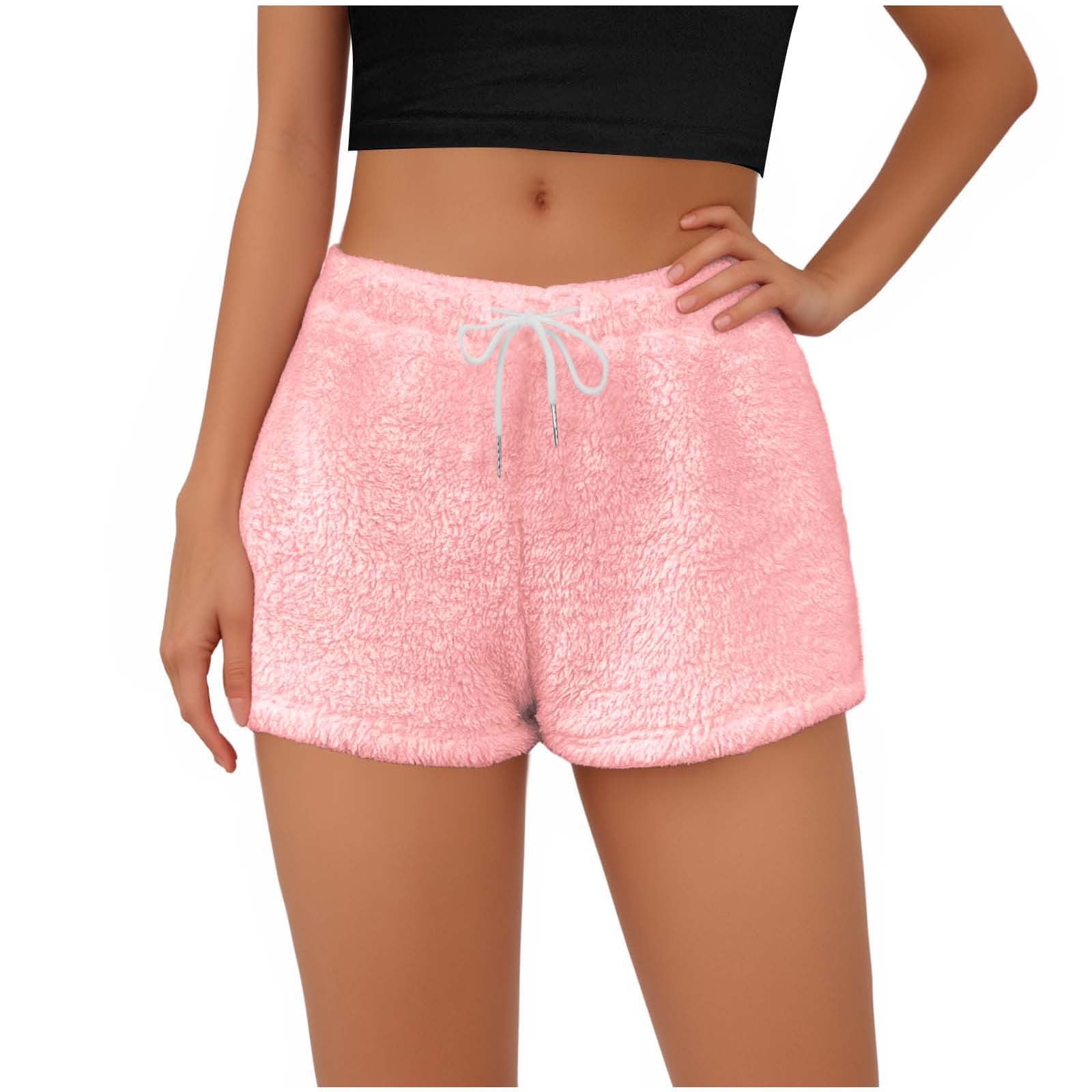 ABATAB Womens Shorts Comfy Summer Fuzzy Drawstring Shorts Fleece Elastic Waist Casual Pure Color ...