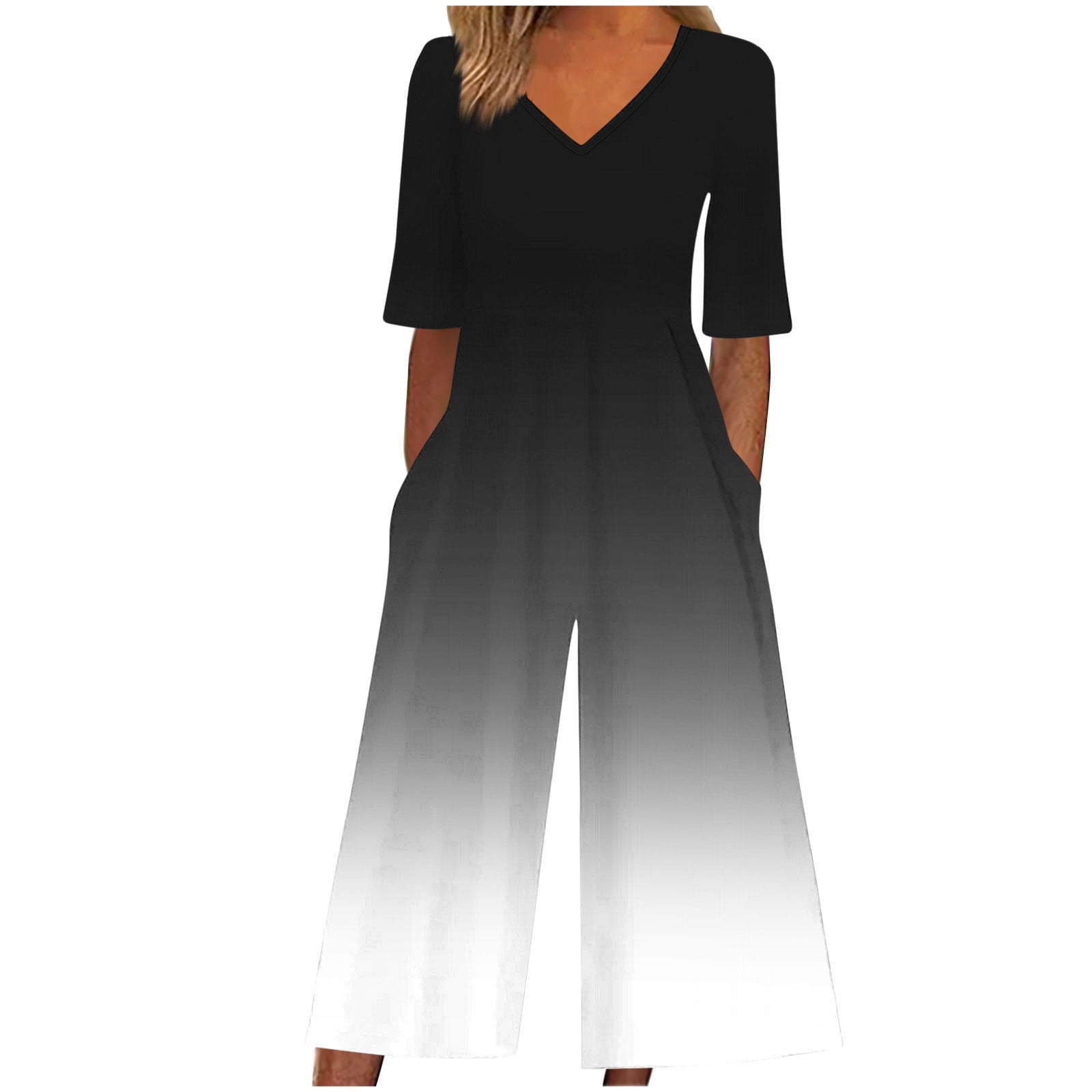 ABATAB Womens Summer Jumpsuits V Neck Half Sleeve Dressy Rompers Casual ...