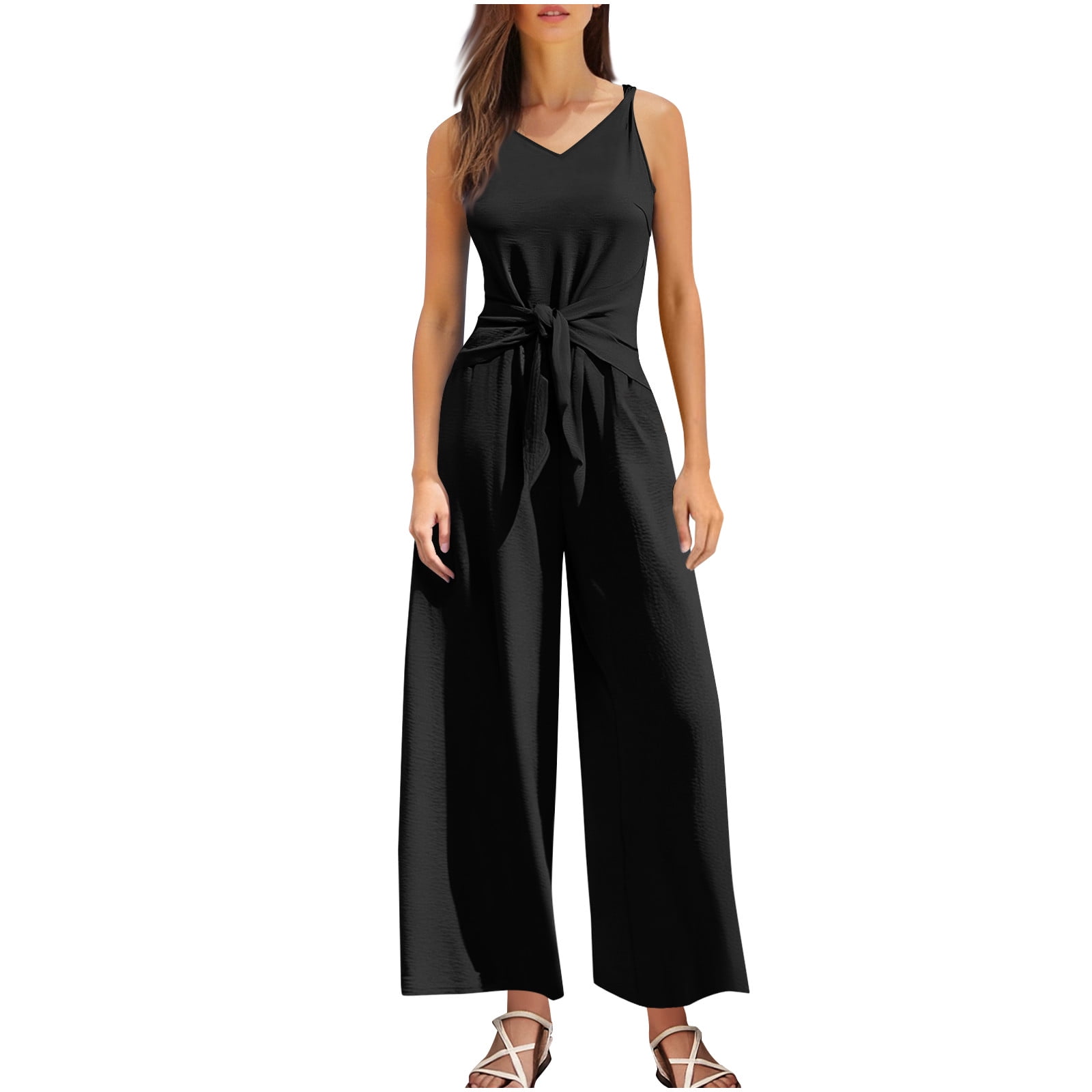 ABATAB Womens Summer Jumpsuits V Neck Sleeveless Dressy Rompers Casual ...