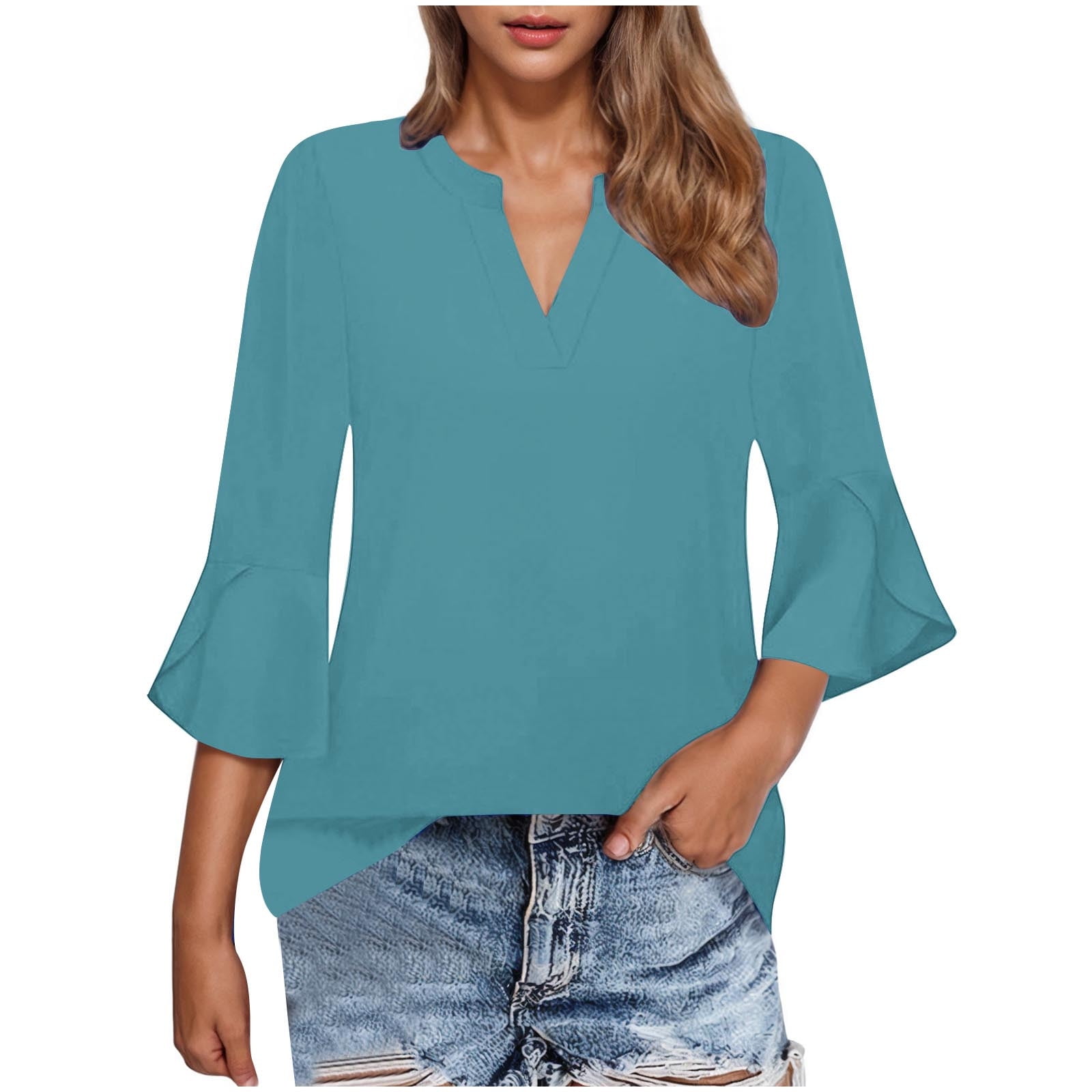 ABATAB Womens Tops Dressy Casual 3/4 Tiered Bell Sleeve Blouses Double ...