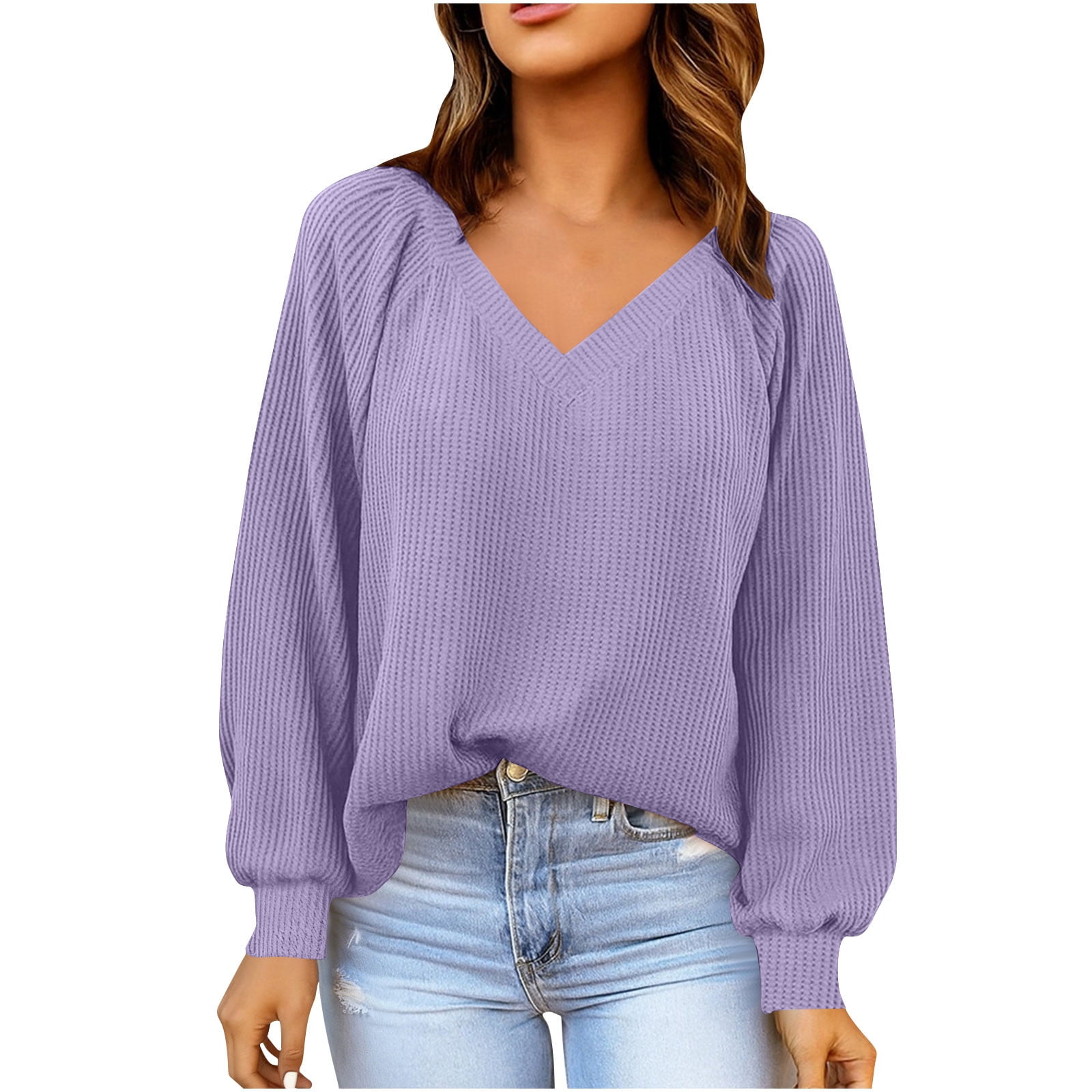 ABATAB Womens V Neck Tops Casual Knit Long Sleeve Shirts Trendy Loose ...