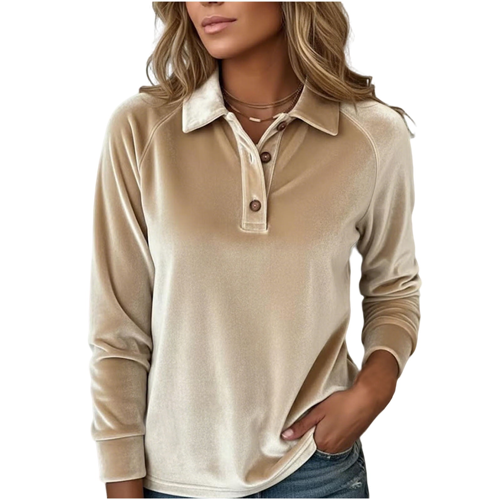 ABATAB Womens Velvet Tops Long Sleeve V Neck Lapel Collar Casual Shirts ...
