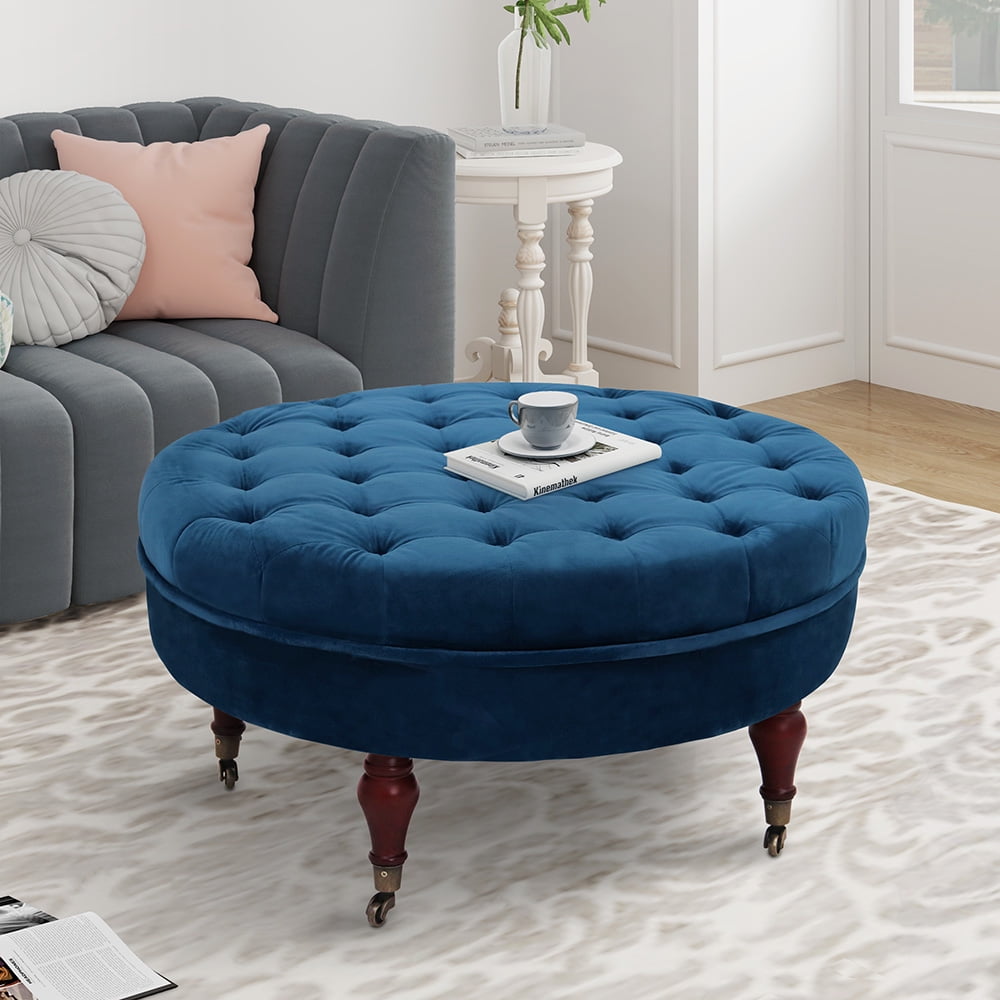 ABBLE Diameter 32 in. Navy Velvet Upholstered Round Cocktail Ottoman ...