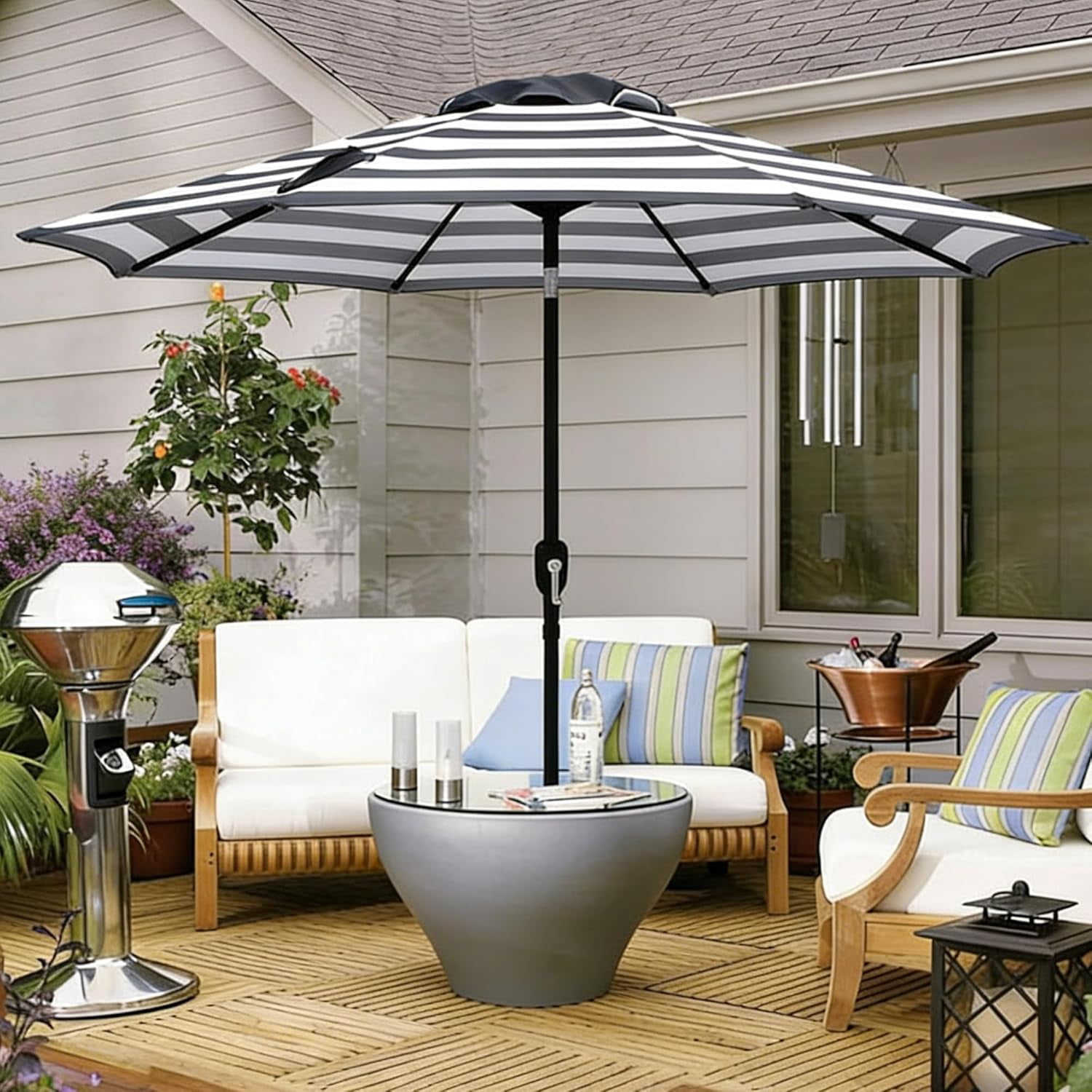 ABBLE Outdoor Patio Umbrella 9 Ft Stripe with Crank and Tilt, Weather ...