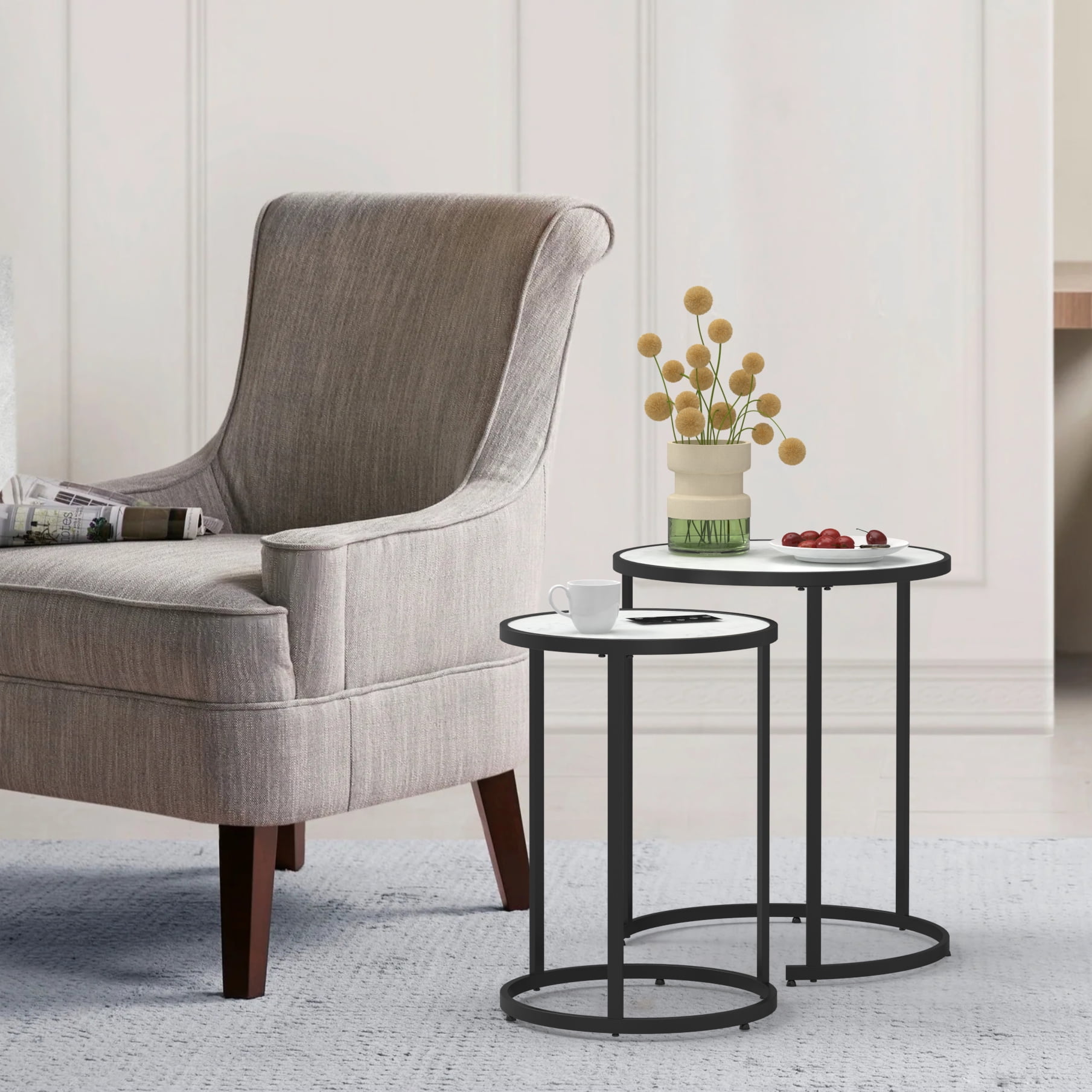 ABBSR Black Small Side Table Set of 2,Round Shaped Wood Sofa End Table ...