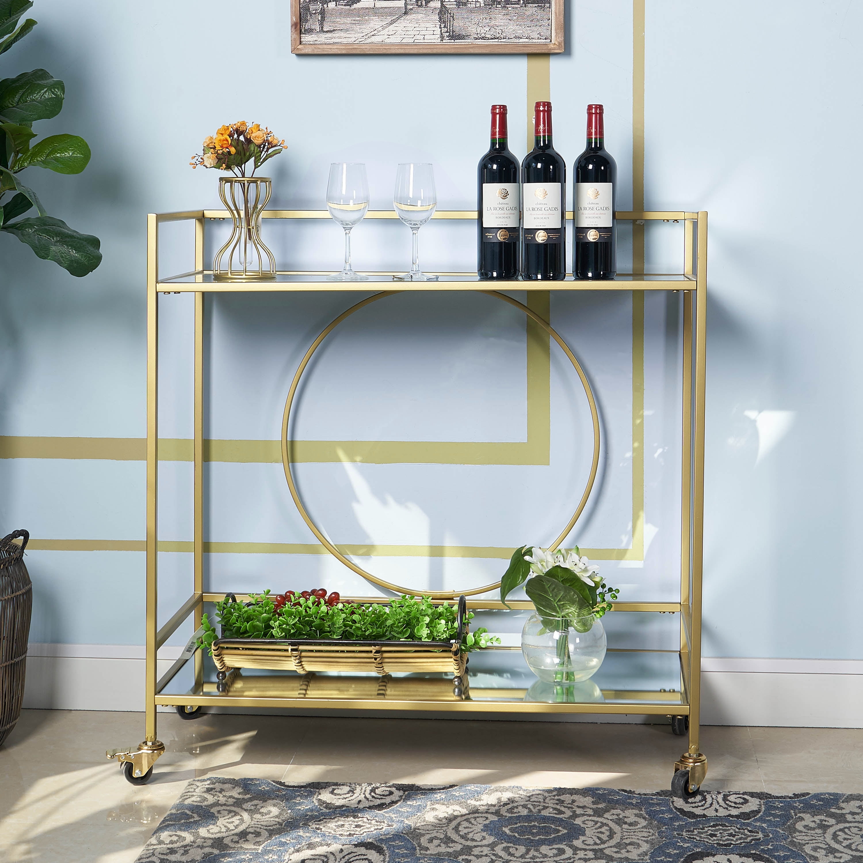 ABBSR Modern Gold Bar Cart on Wheels,Mobile Serving Cart with Storage ...