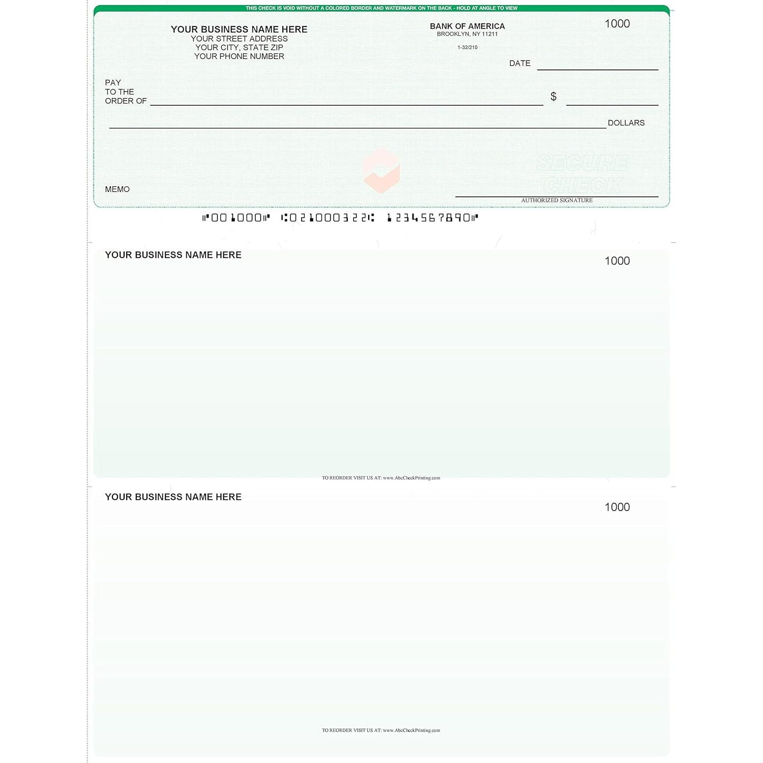 ABC Computer Checks Compatible w/Quick Books, Check on Top, Green ...