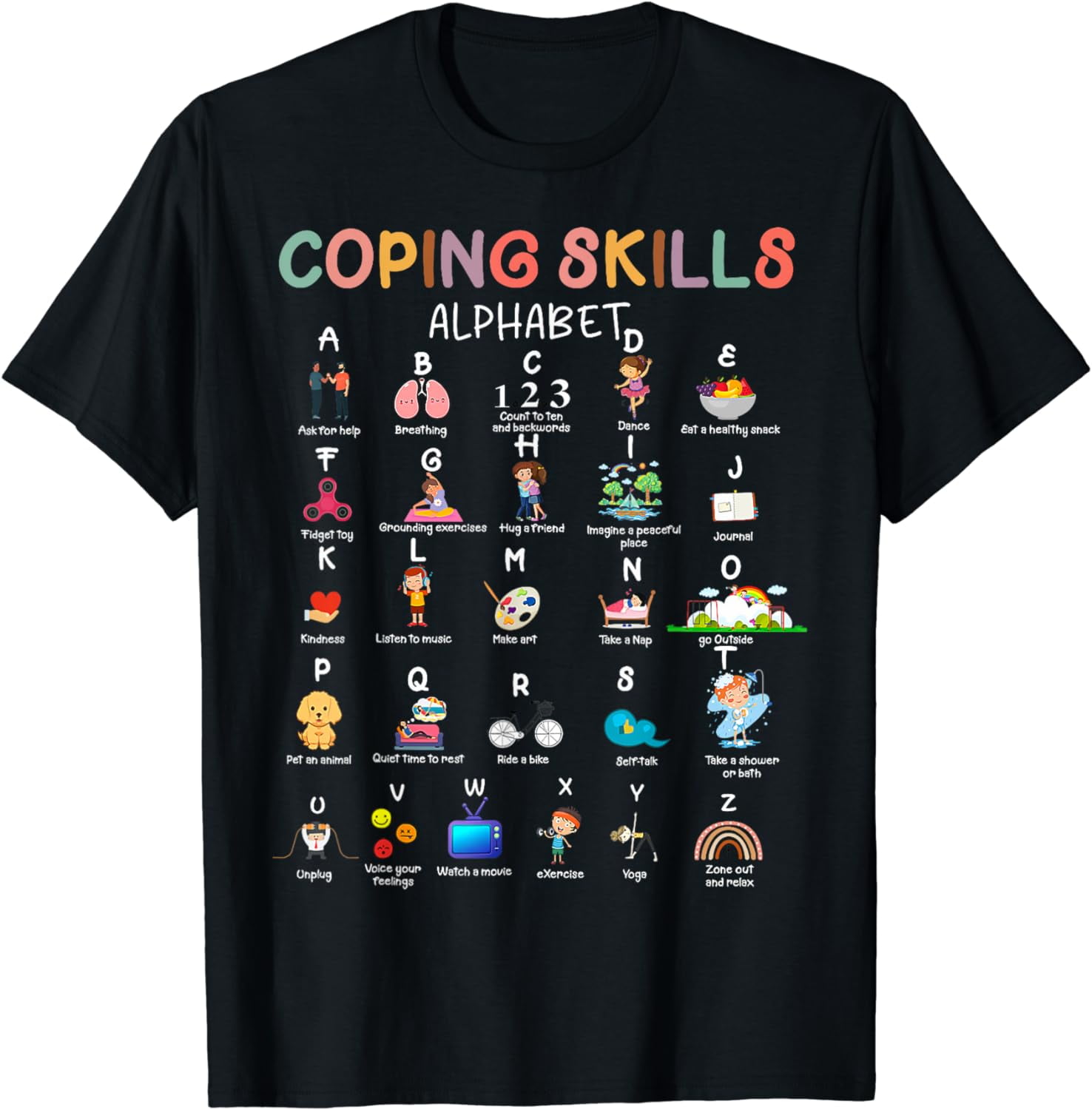 ABC Coping Skills Alphabet Self Care Mental Health Awareness T-Shirt ... ABC Coping Skills Alphabet Self Care Mental Health Awareness T-Shirt ...