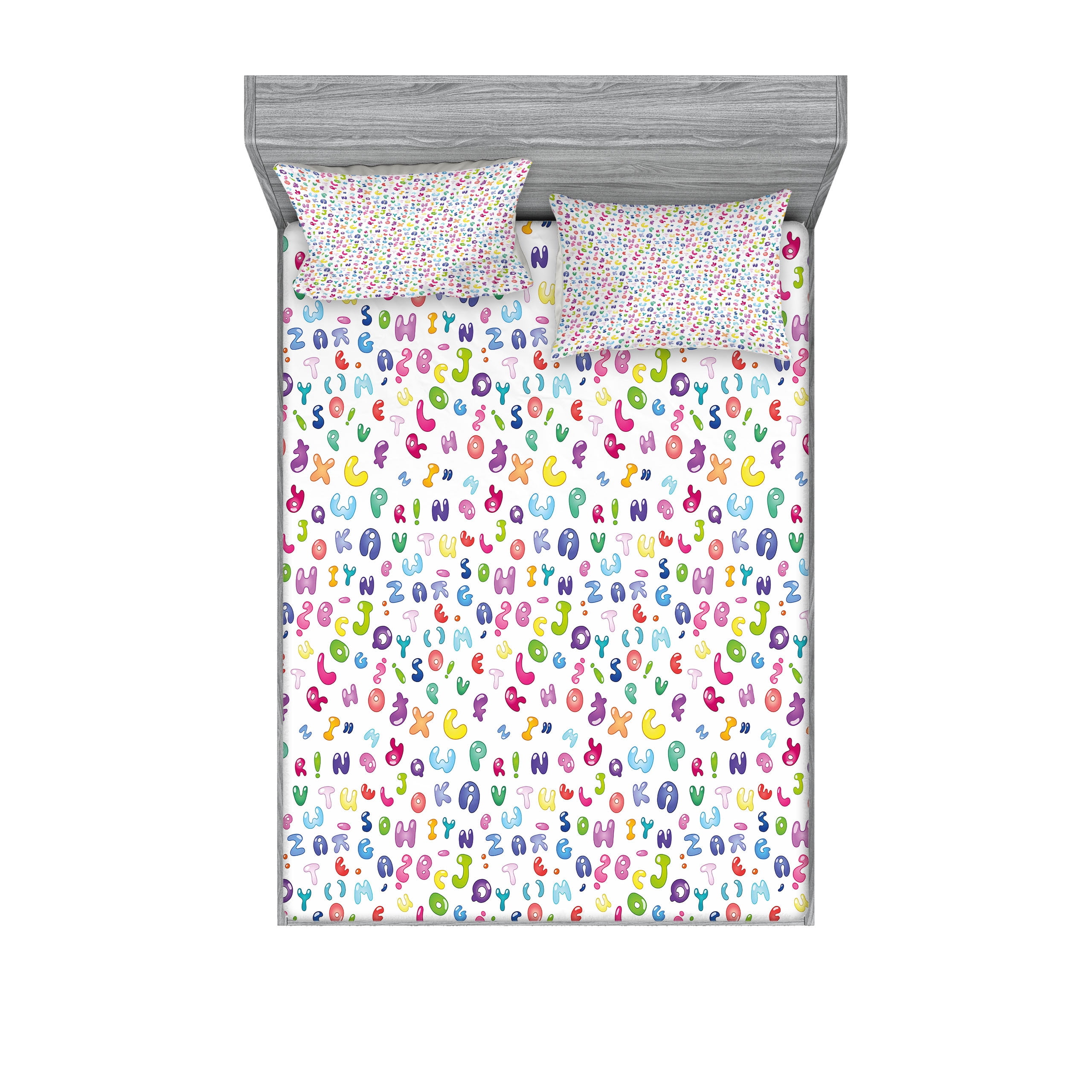 ABC Fitted Sheet & Pillow Sham Set, Colorful Alphabet Abc Bubble ...