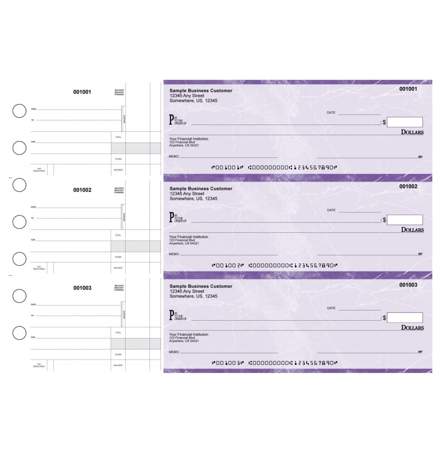 ABC Manual Checks for Business 3 on a Page with Stub Voucher, 100 ...
