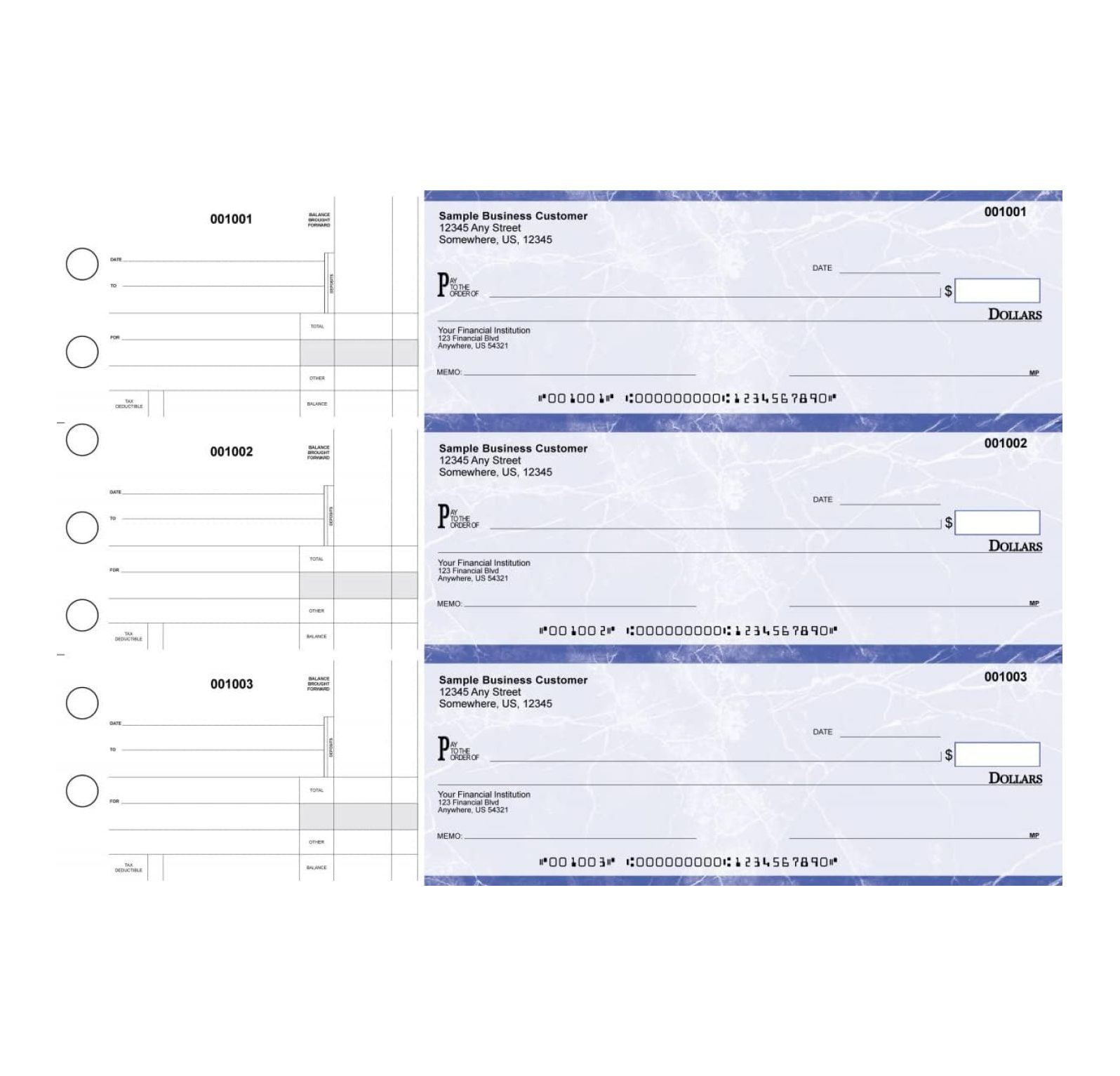 ABC Manual Checks for Business 3 on a Page with Stub Voucher, Blue ...