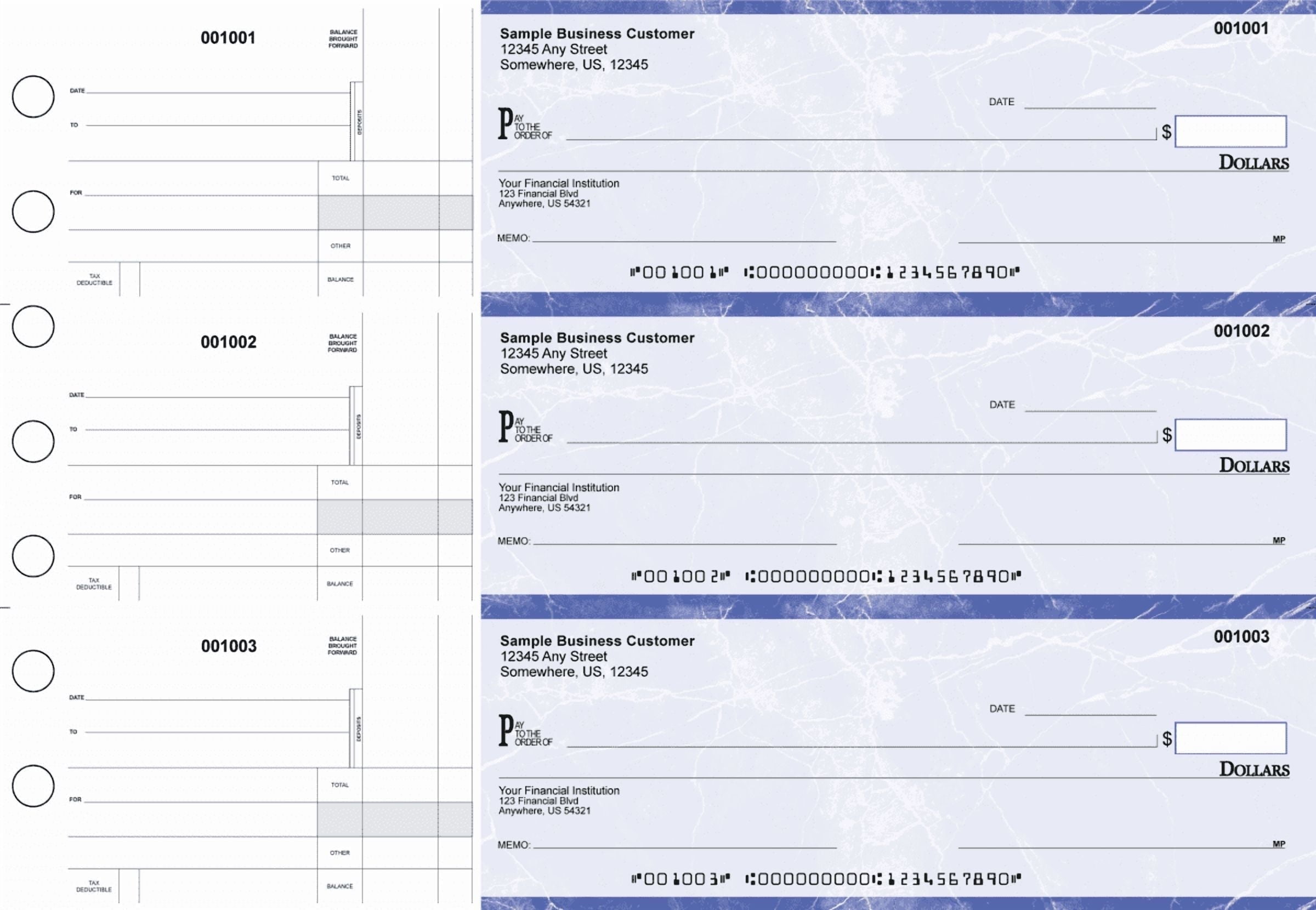 ABC Manual Business Checks – 3 per Page with Stub Voucher, Blue, 500 ...