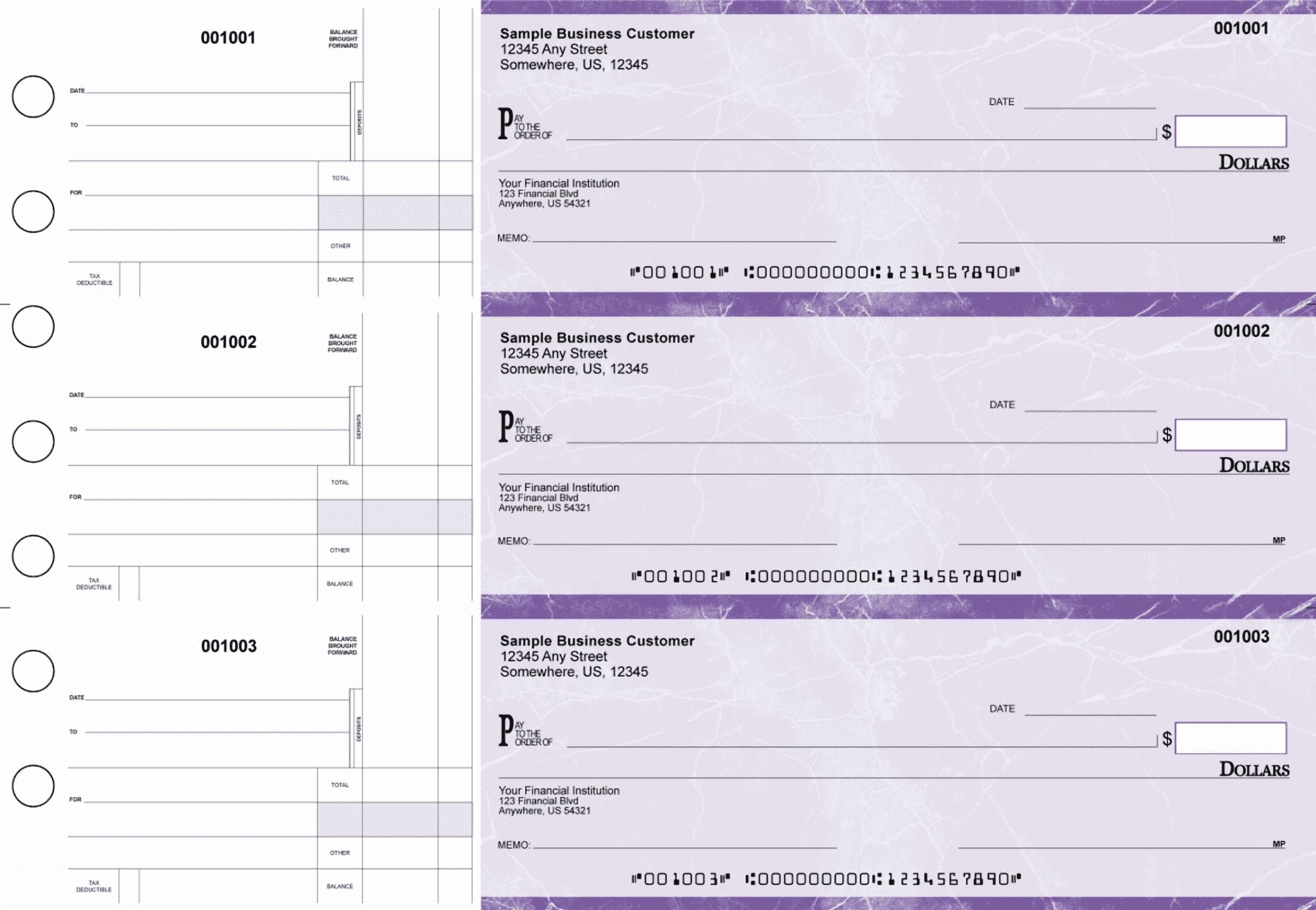 ABC Manual Checks for Business, 3 on a Page with Stub Voucher, Purple ...