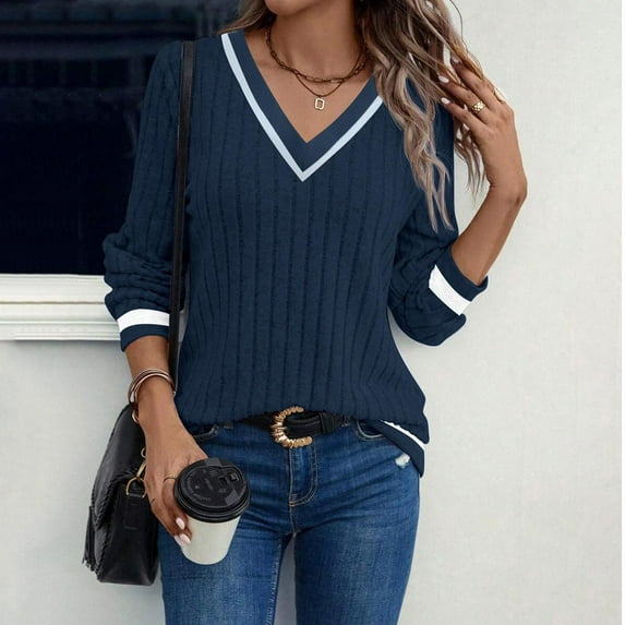 ABCDE Sweaters for Women V Neck Color Block Long Sleeve Knit Shirts ...