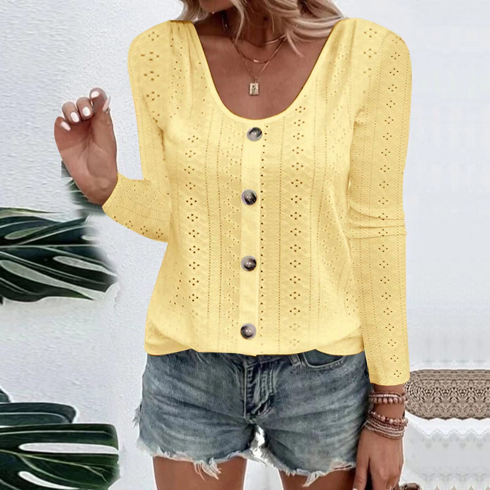 ABCDE Women's Crochet Eyelet Tops Plus Size V Neck Button Down Long ...