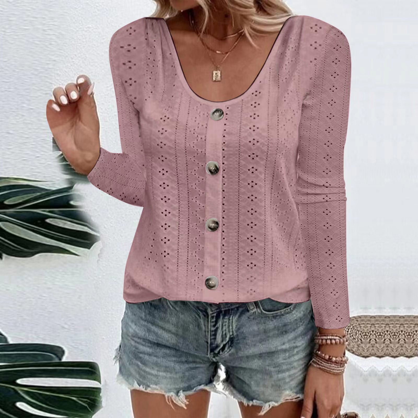 ABCDE Women's Crochet Eyelet Tops Plus Size V Neck Button Down Long ...