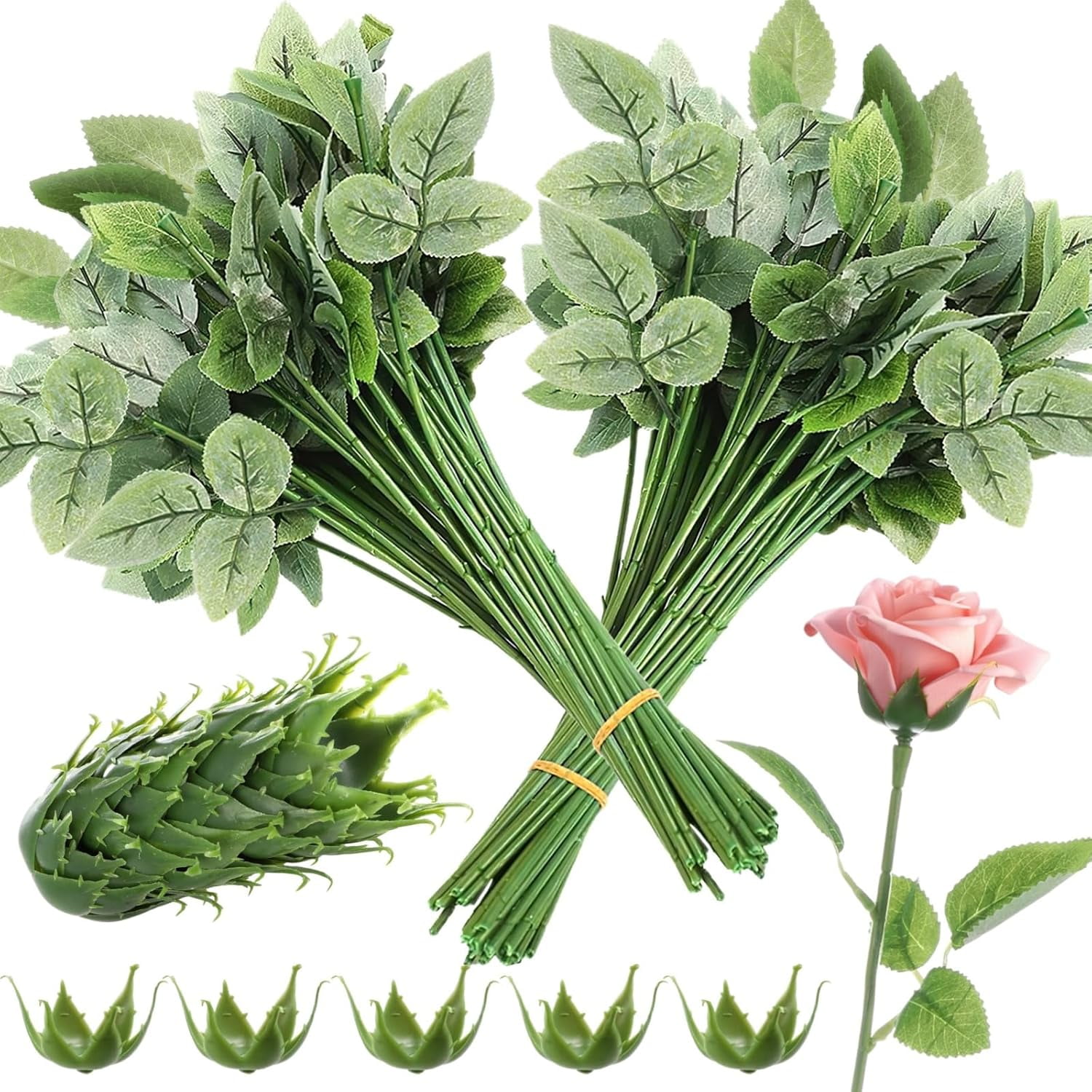 ABCISI 100 Pcs Rose Stems with Leaves & 100 Pcs Flower Calyxes Set ...