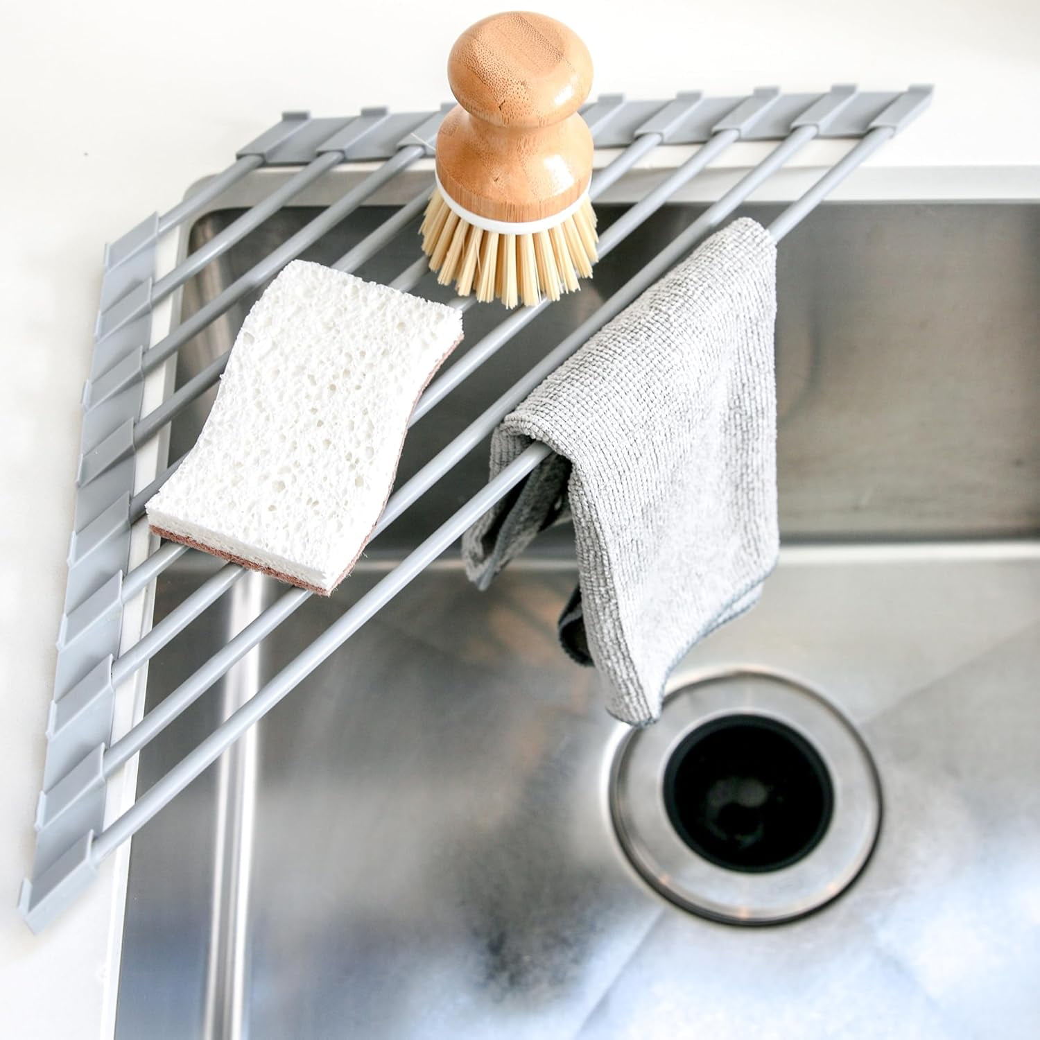 ABCISI Corner Sink Caddy, Triangle Roll Up Dish Drying Rack Over The ...