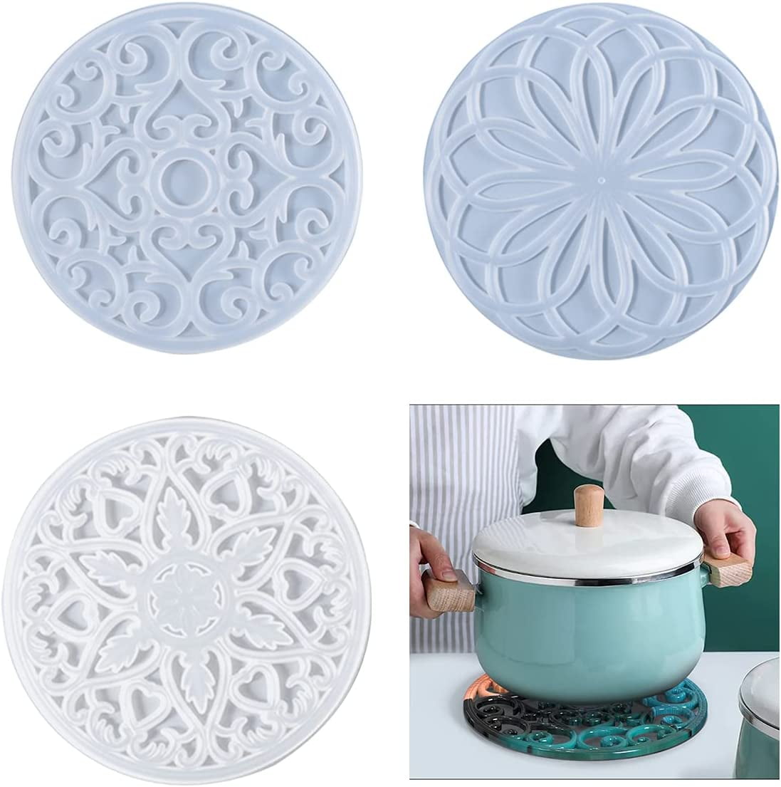 ABCISI Large Coaster Molds, 3 PCS Silicone Molds for Resin Casting,3D Mandala Flower Geode Tray ...