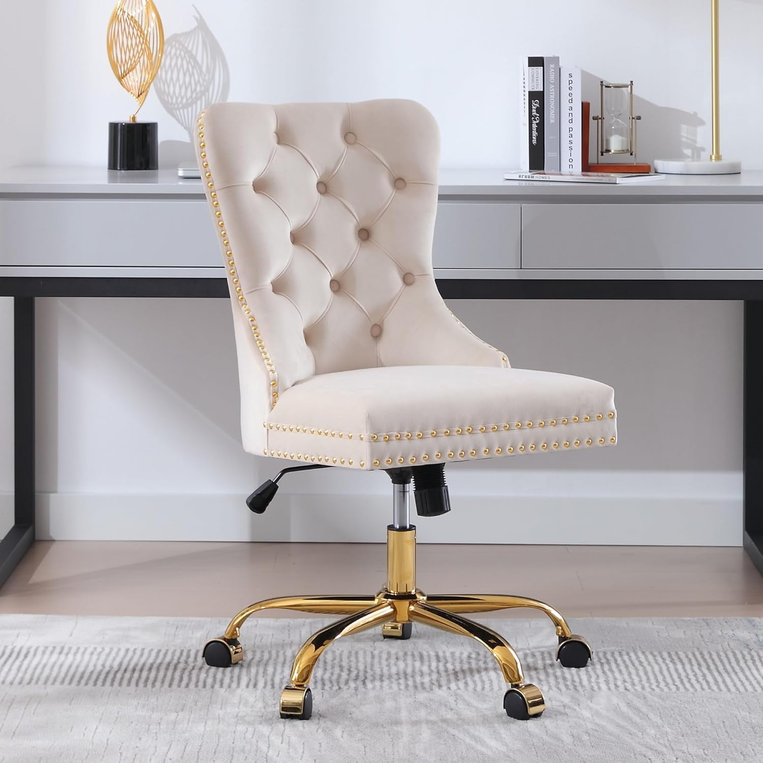 ABET Desk Chair with Wheels, Velvet Gold Office Chair Armless Swivel Chair with Tufted High Back ...