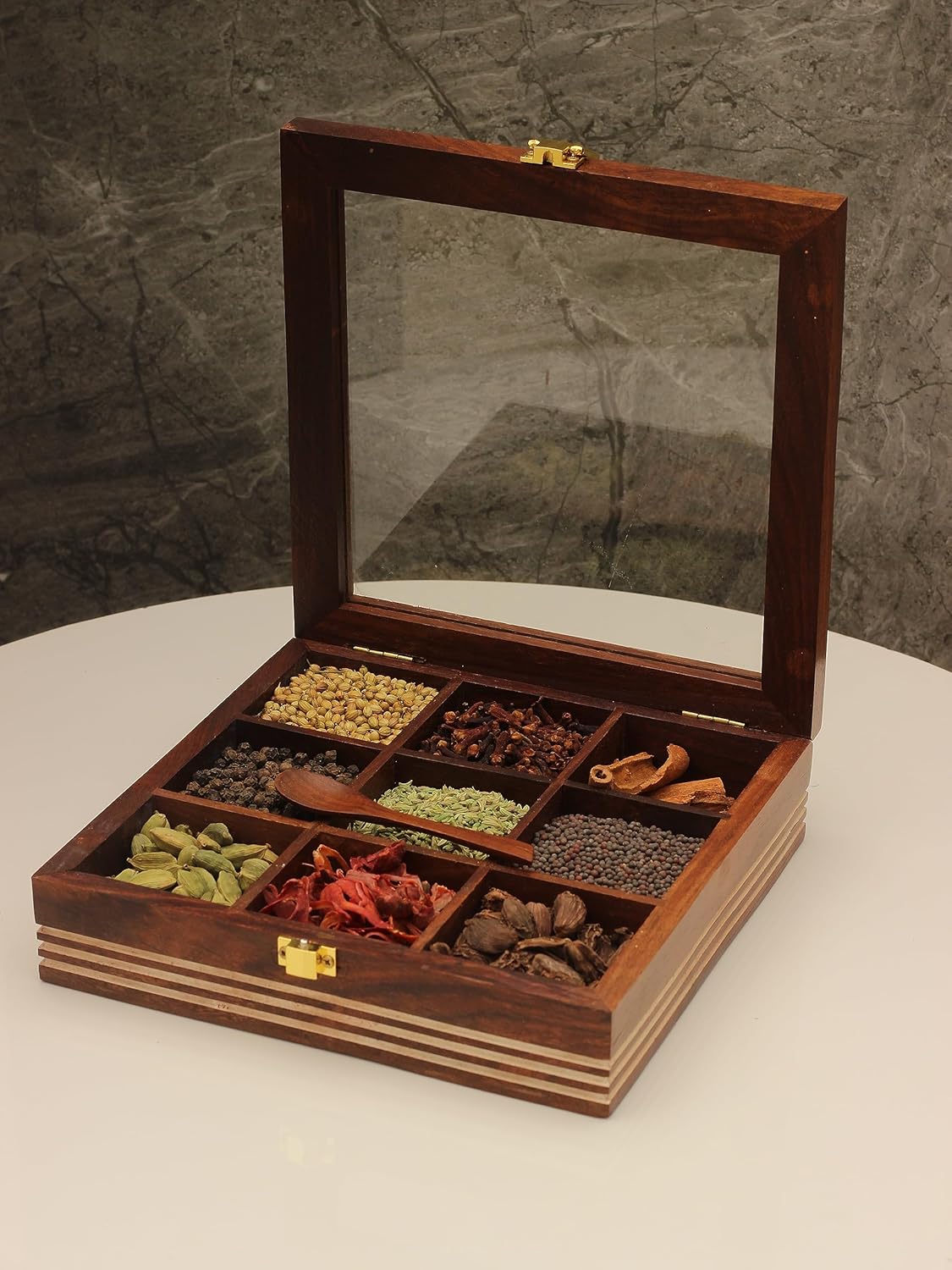 ABHANDICRAFTS Spice Box with Spoon Masala Box For Kitchen Sheesham Wood ...