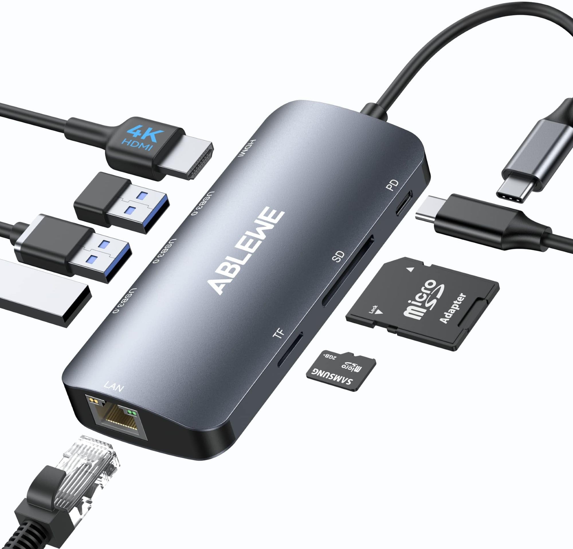 ABLEWE USB C Hub Ethernet, Multiport USB C to HDMI Hub, 8 in 1 4K@60Hz ...