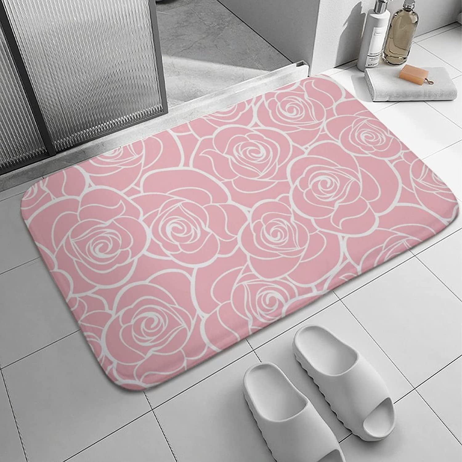 ABOAKRL Abstract Pink Roses Bath Rugs Absorbent Non Slip Door Mats Soft ...