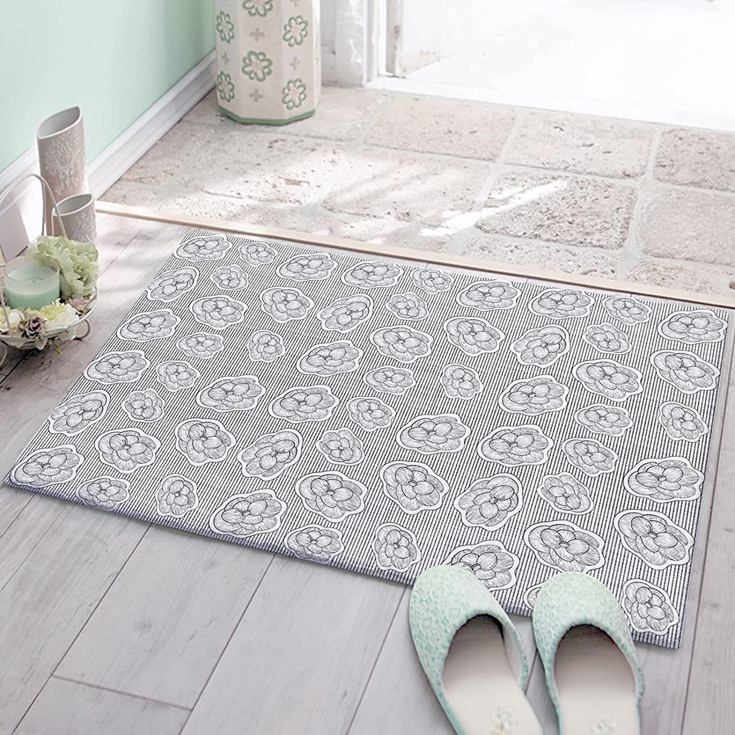 ABOAKRL Grey Floral Funny Doormat Home Decor Mats Indoor Doormat Non ...