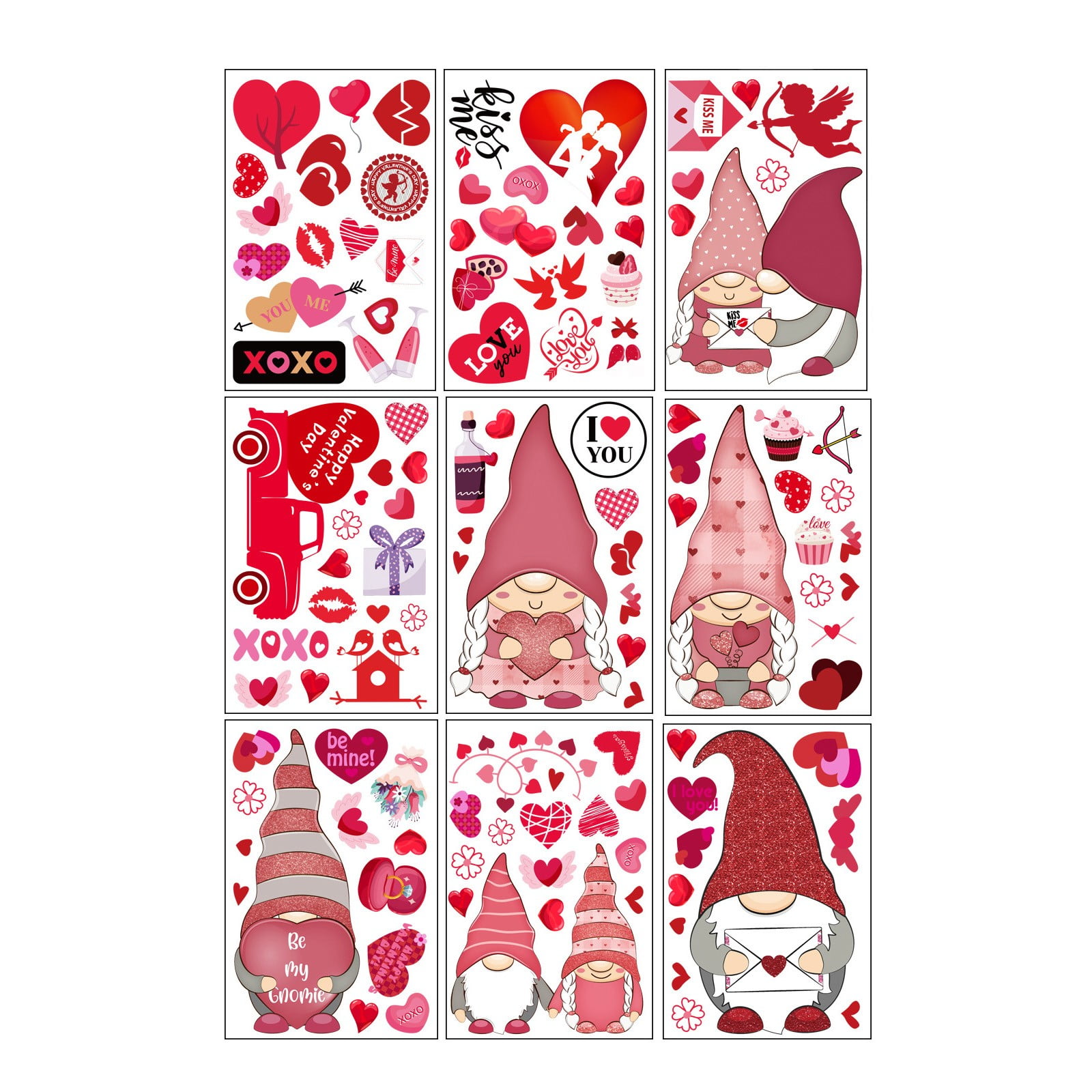 ABODELINE 9 Sheets Valentine's Day Window Clings Gnomes Love Rose Pink ...